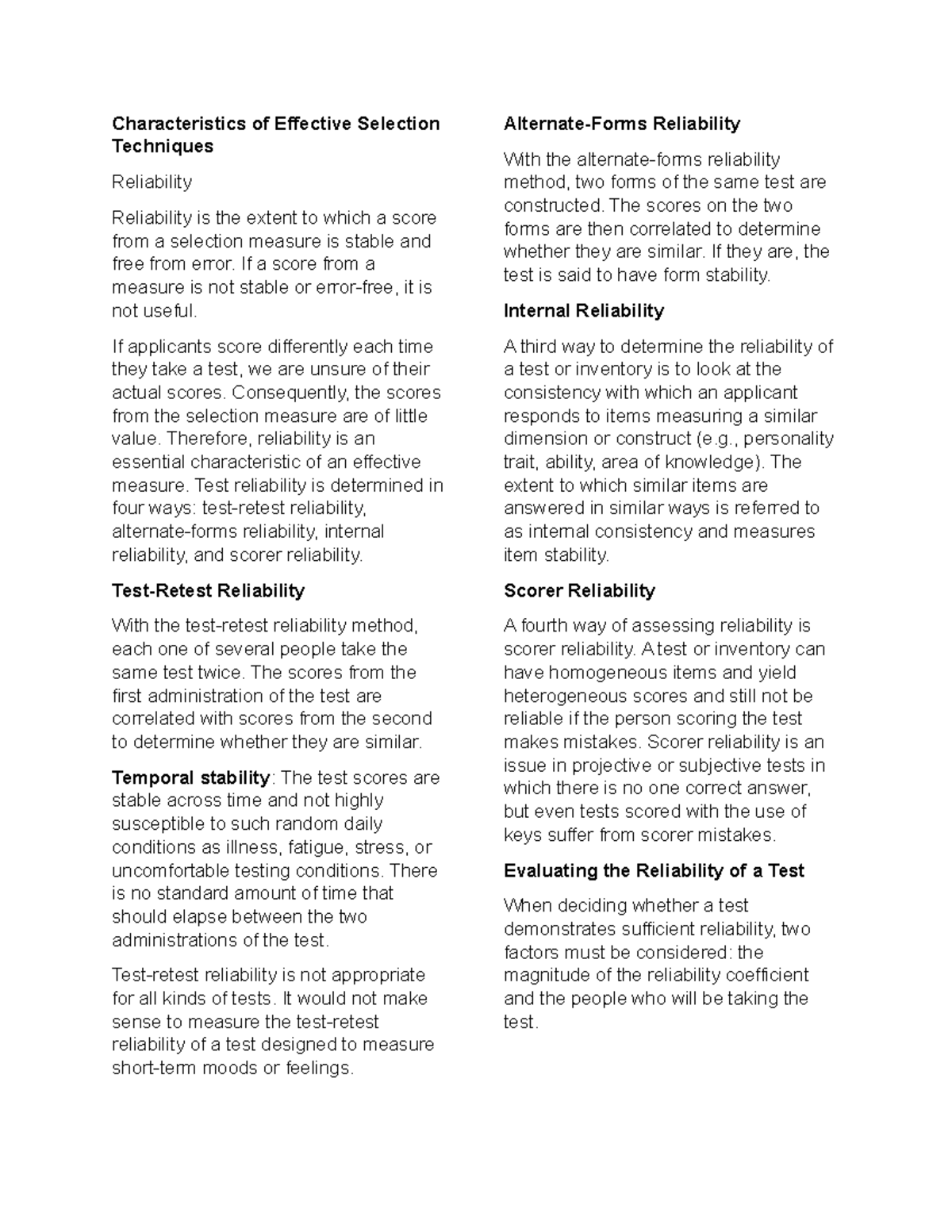 Evaluating Selection Techniques and Decisions - Characteristics of Effective Selection ...