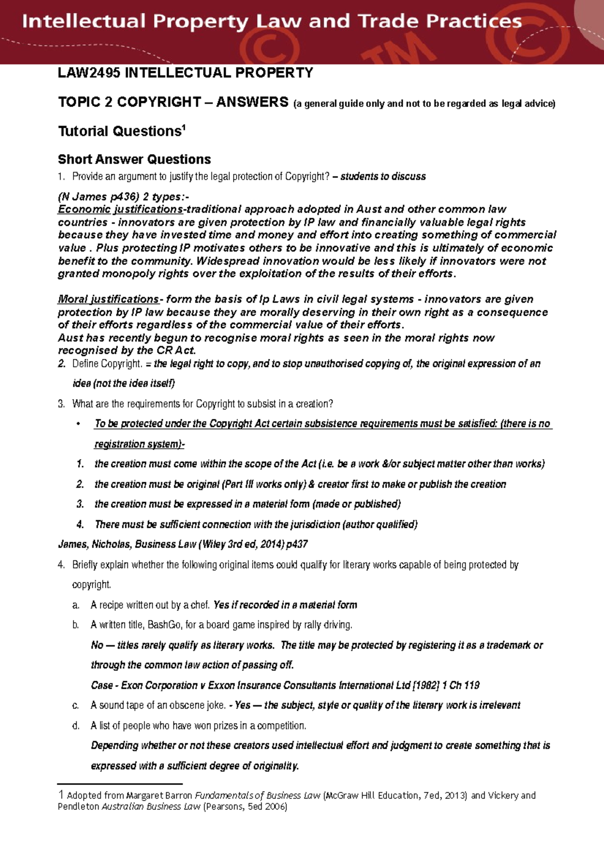 LAW2495 Topic 2 Copyright Tutorial Student Answers - LAW2495 ...