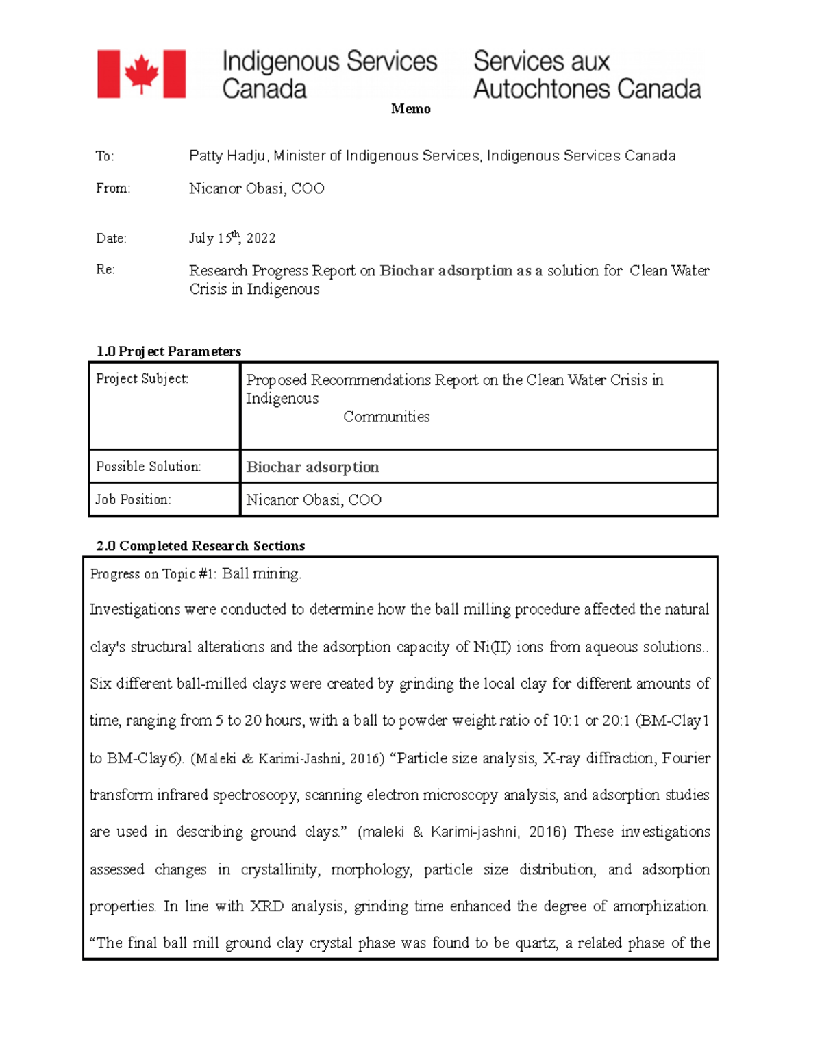 Assignment 2.2 (1) - Memo To: Patty Hadju, Minister of Indigenous Services, Indigenous Services ...