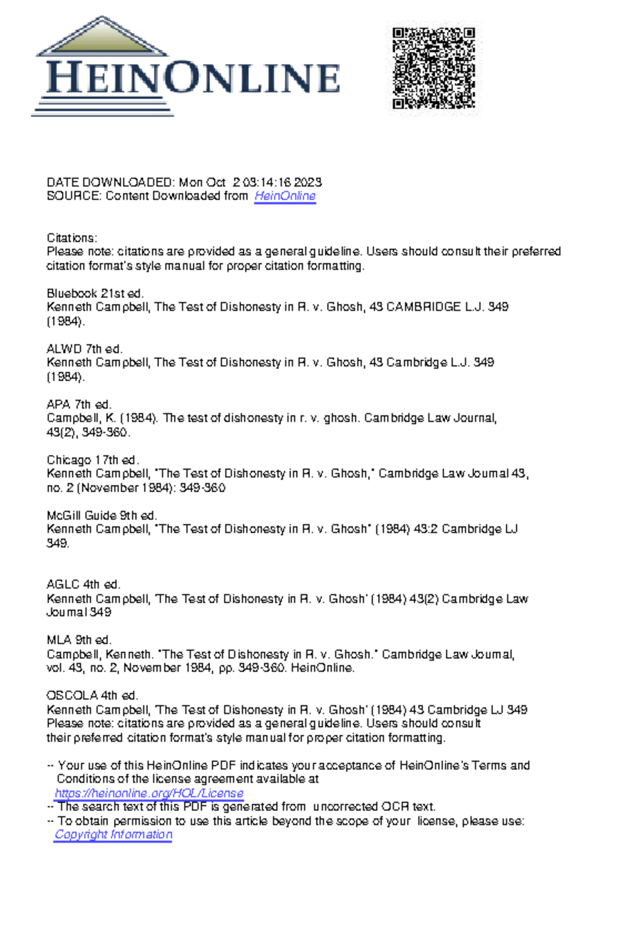 The test of Dishonesty in R v Ghosh Kenneth Campbell - DATE DOWNLOADED ...