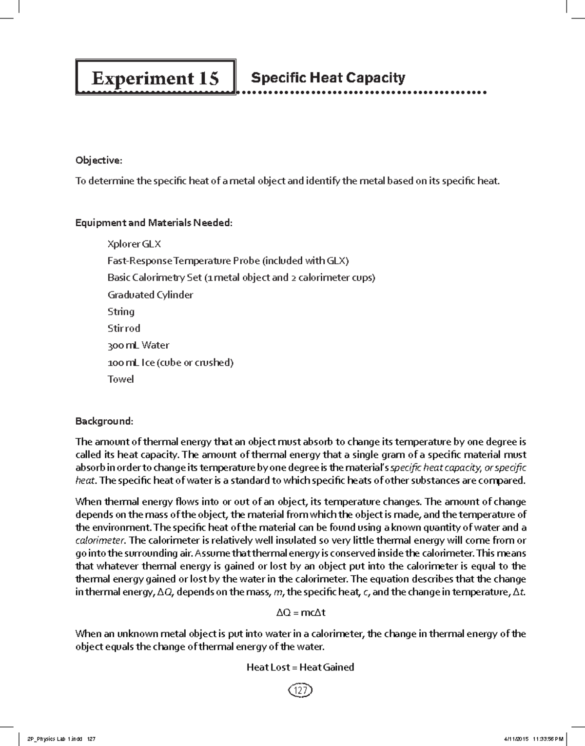 Specific heat capacity - 127 Experiment 15 Specific Heat Capacity ...