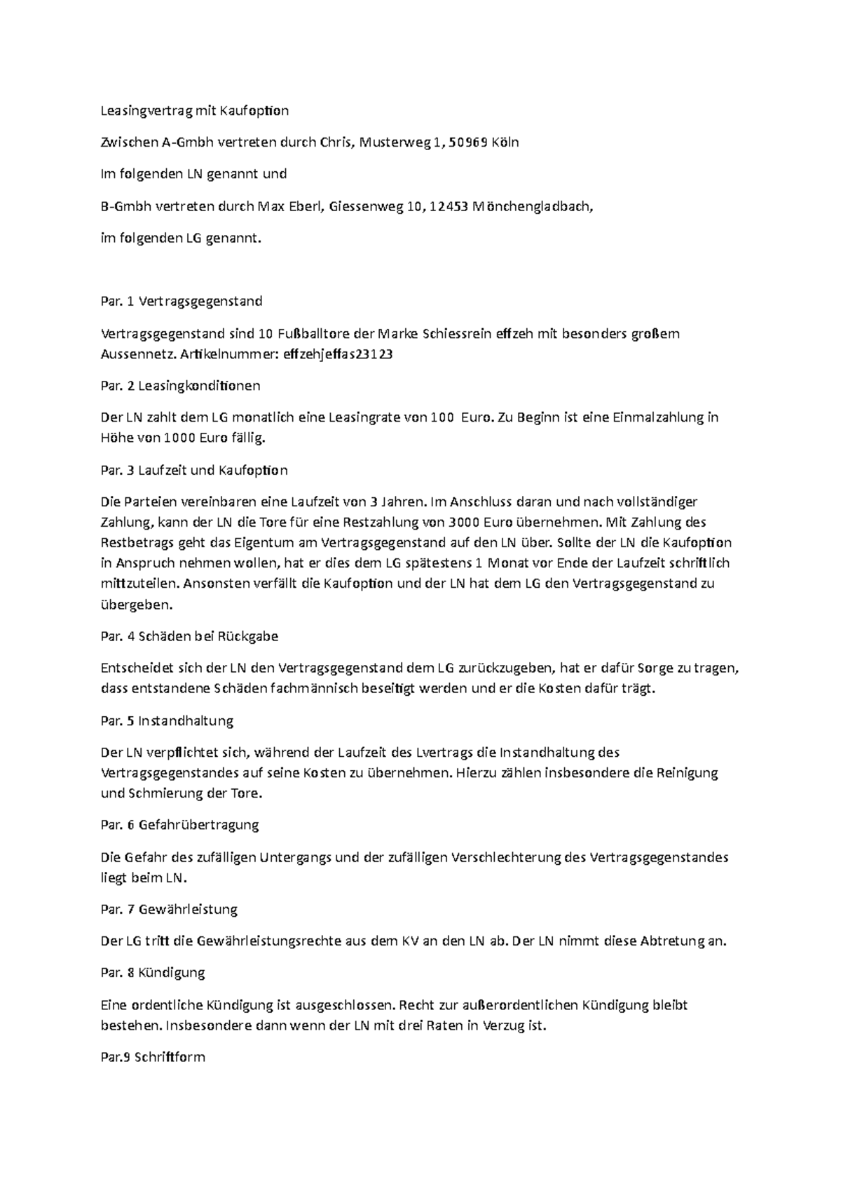 Leasingvertrag mit Kaufoption - Vertraggestaltung - Leasingvertrag mit ...