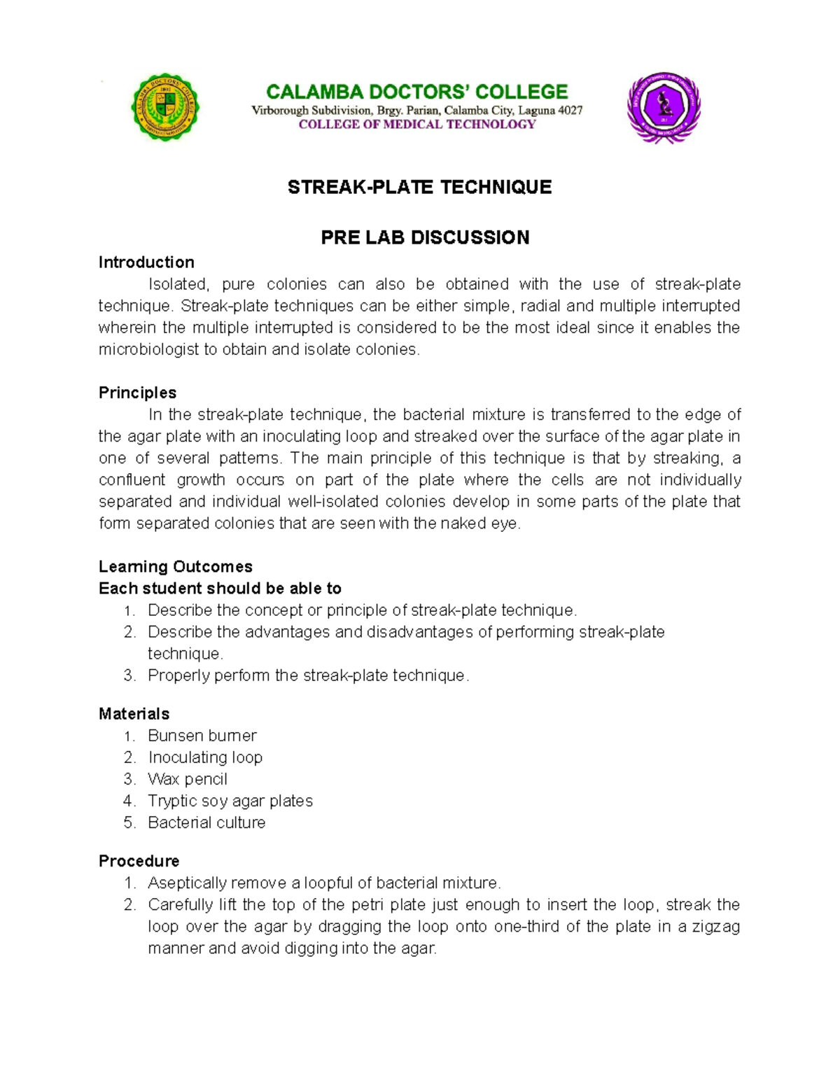 Copy of 14. Streak-plate Technique - STREAK-PLATE TECHNIQUE PRE LAB ...