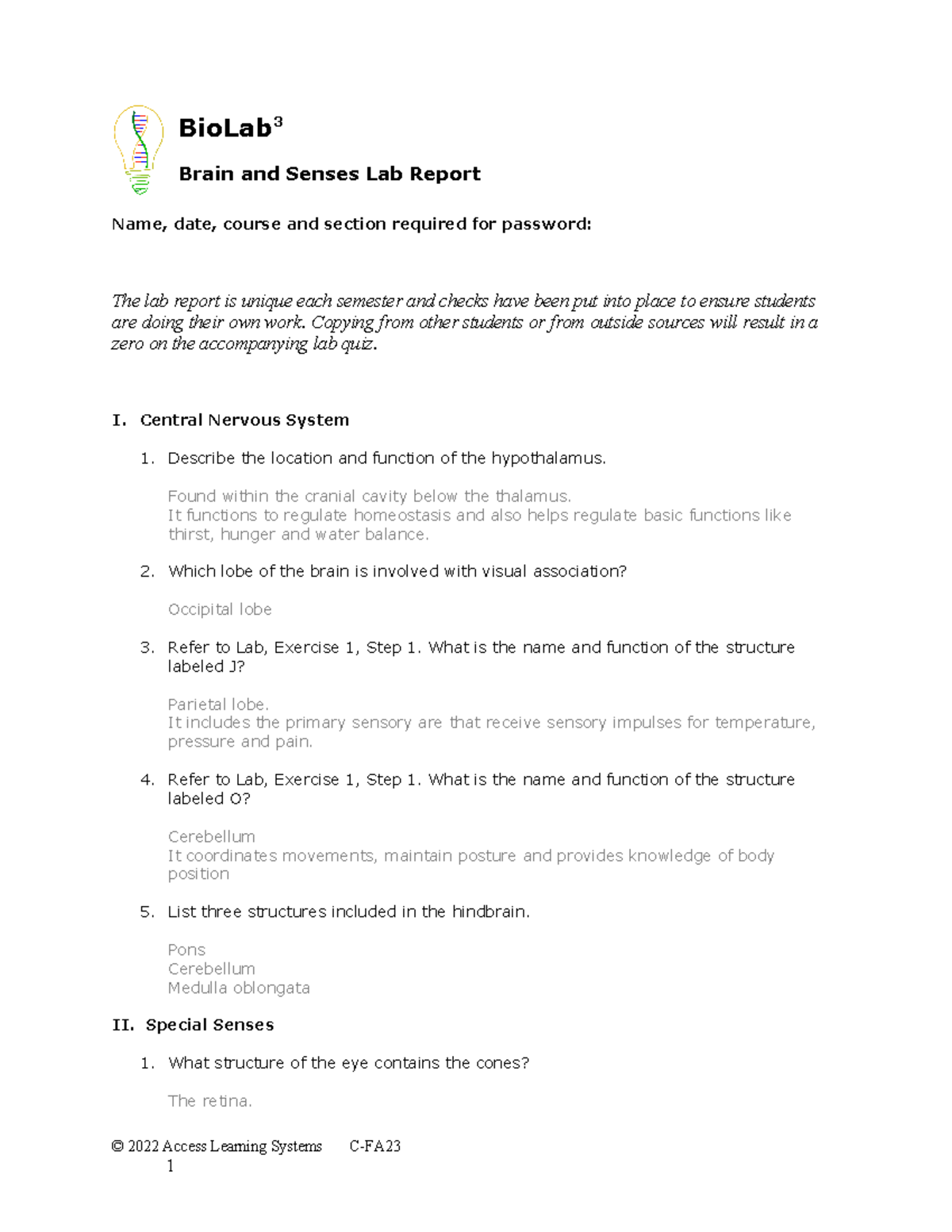 Brain Special Senses LR - BioLab 3 Brain and Senses Lab Report Name ...