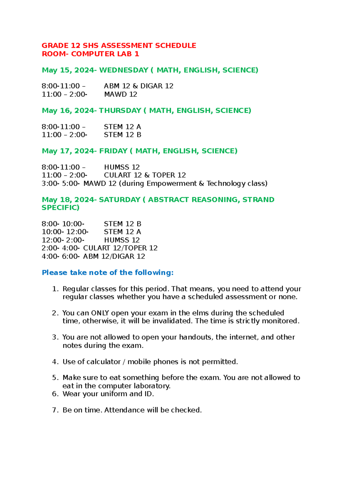 Grade 12 SHS Assessment Schedule T2 4TH Q - GRADE 12 SHS ASSESSMENT ...