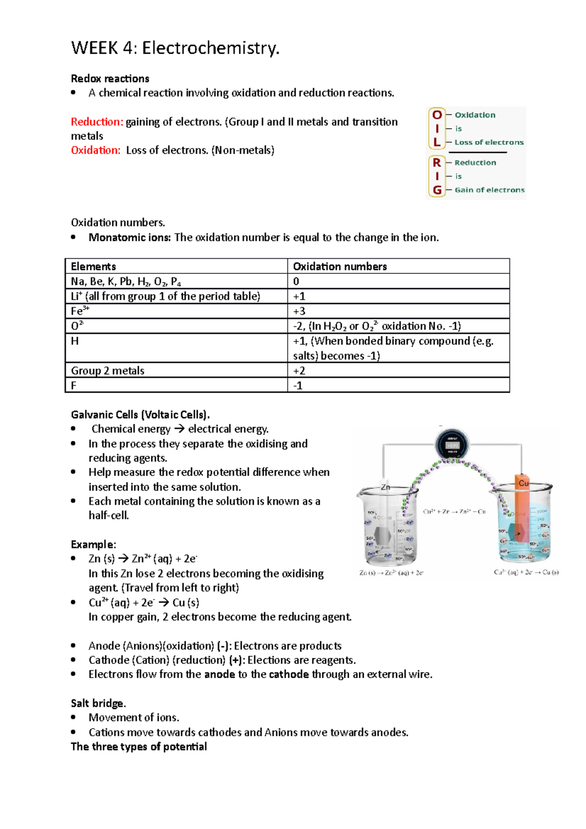 WEEK4- Electrochemistry - Redox reactions A chemical reaction involving ...