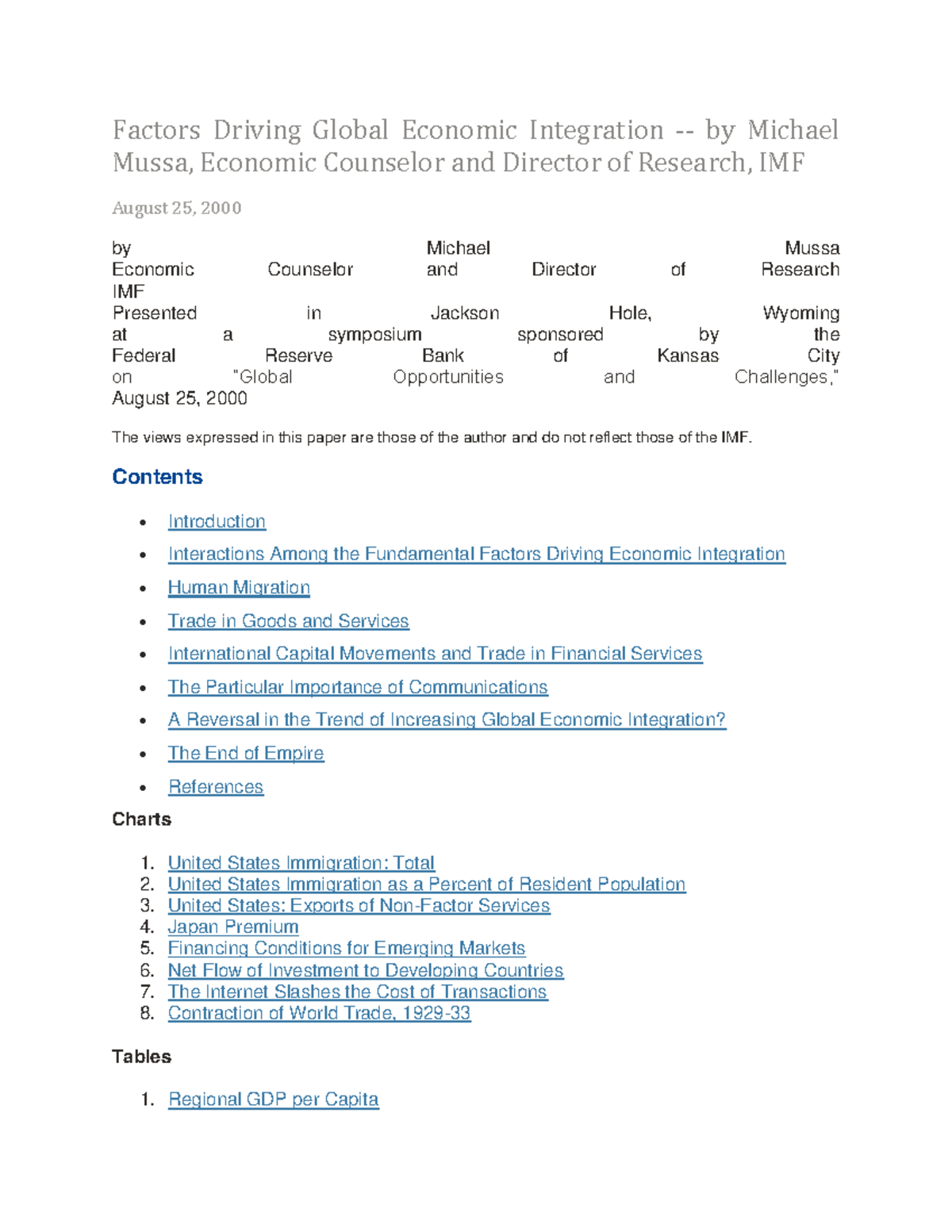 Factors Driving Global Economic Integration - Contents Introduction ...