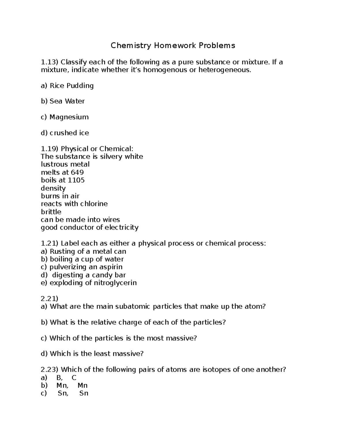 Chemistry Homework Problems - Chemistry Homework Problems Classify each ...
