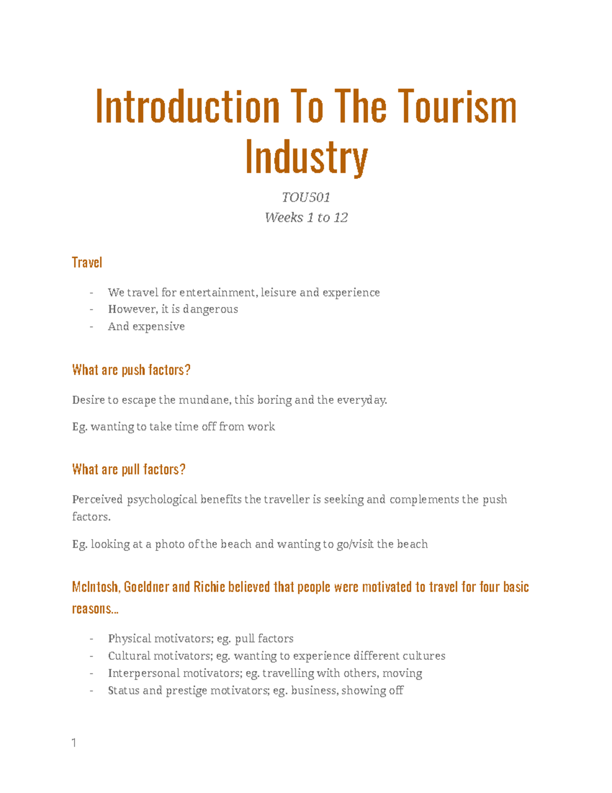 Tourism notes - Introduction To The Tourism Industry TOU Weeks 1 to 12 ...