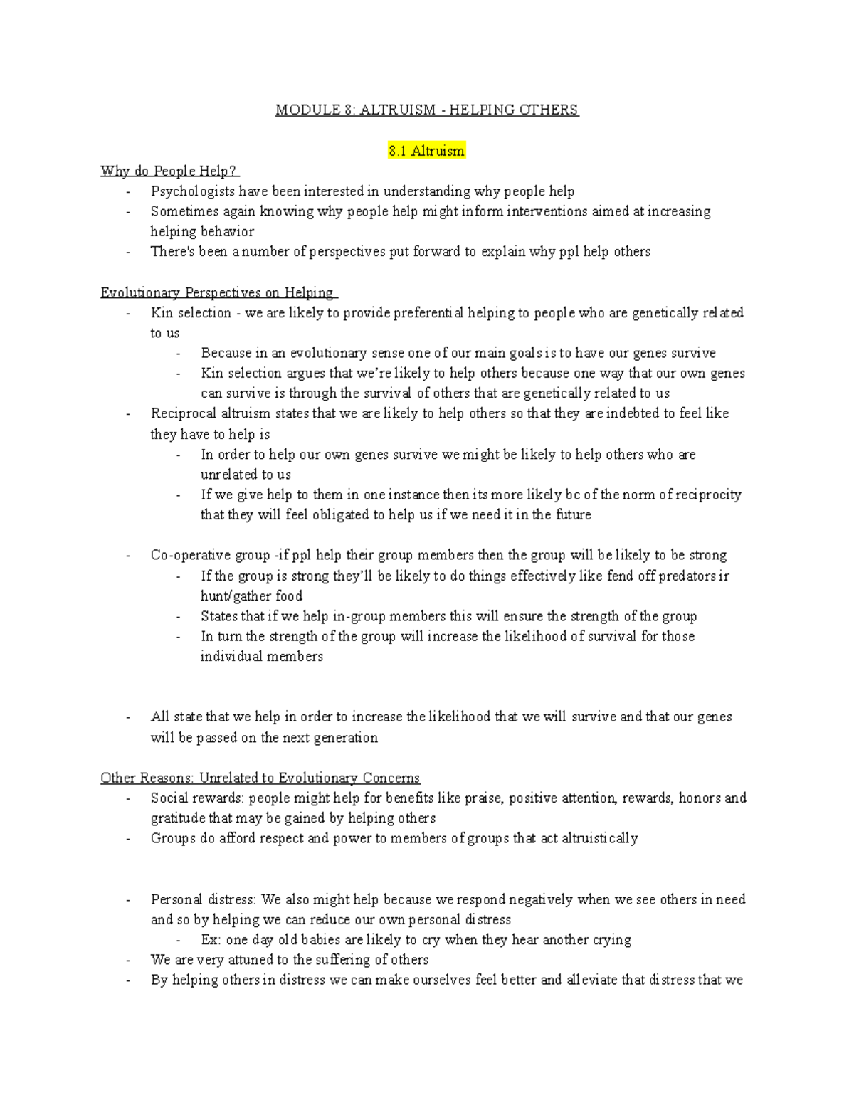 PSYC 241 - Module 8 - MODULE 8: ALTRUISM - HELPING OTHERS 8 Altruism ...