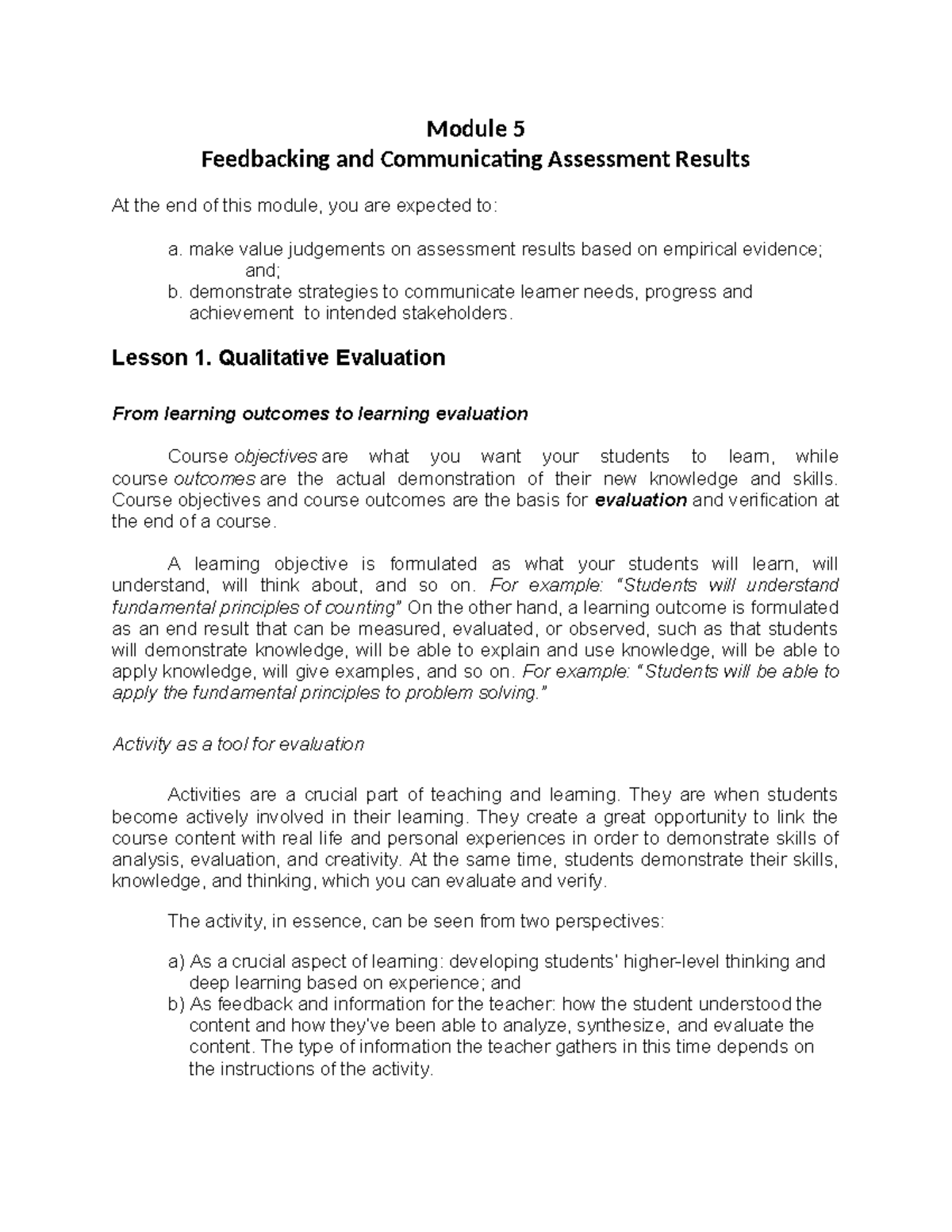Chapter 5 Feedbacking Communicating Assessment Results - Module 5 ...