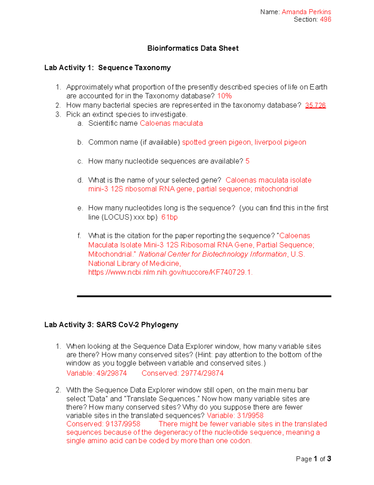 Forensic Biology Bioinformatics I Lab - Name: Amanda Perkins Section ...