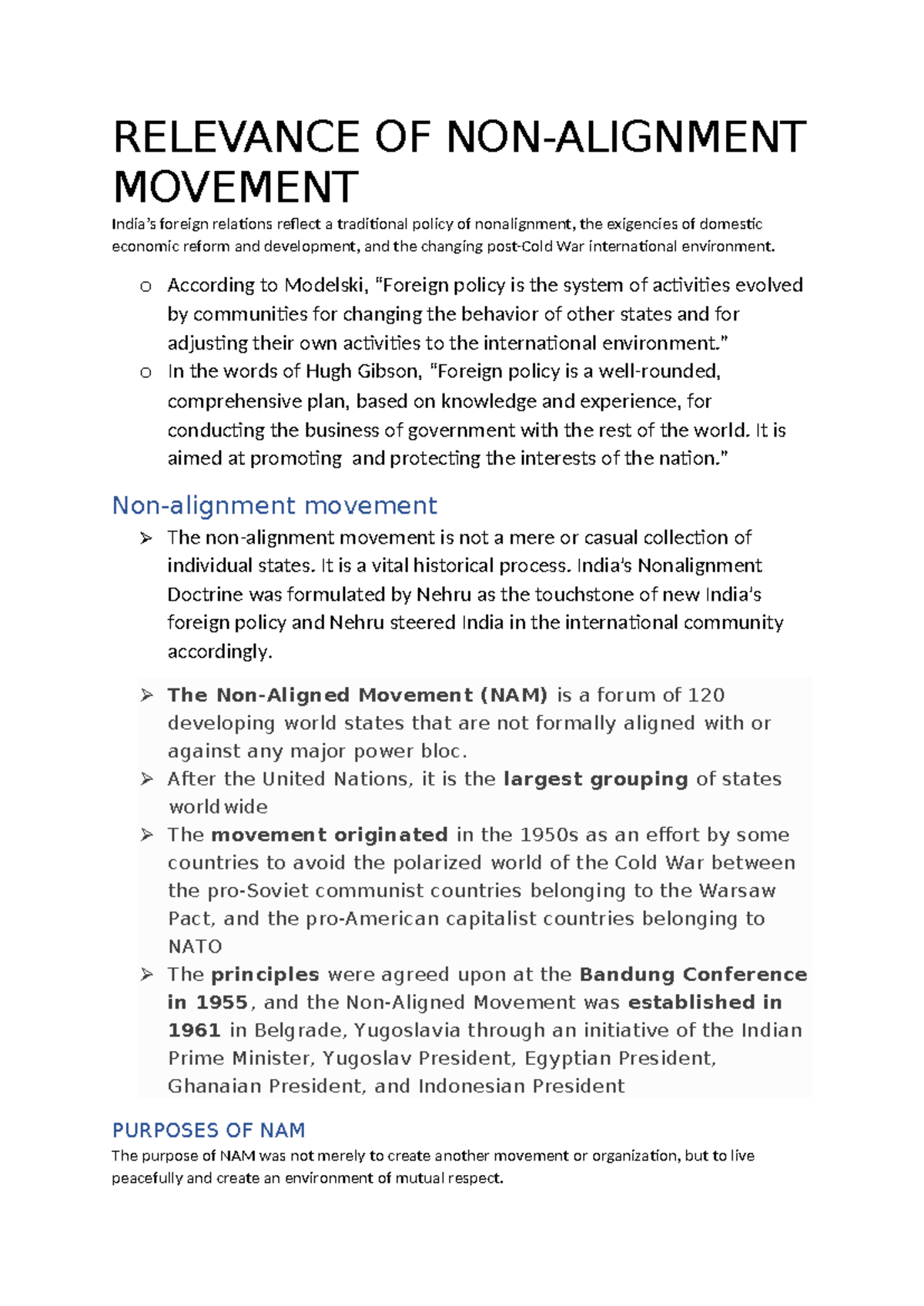 Relevance OF NON - RELEVANCE OF NON-ALIGNMENT MOVEMENT India’s foreign ...