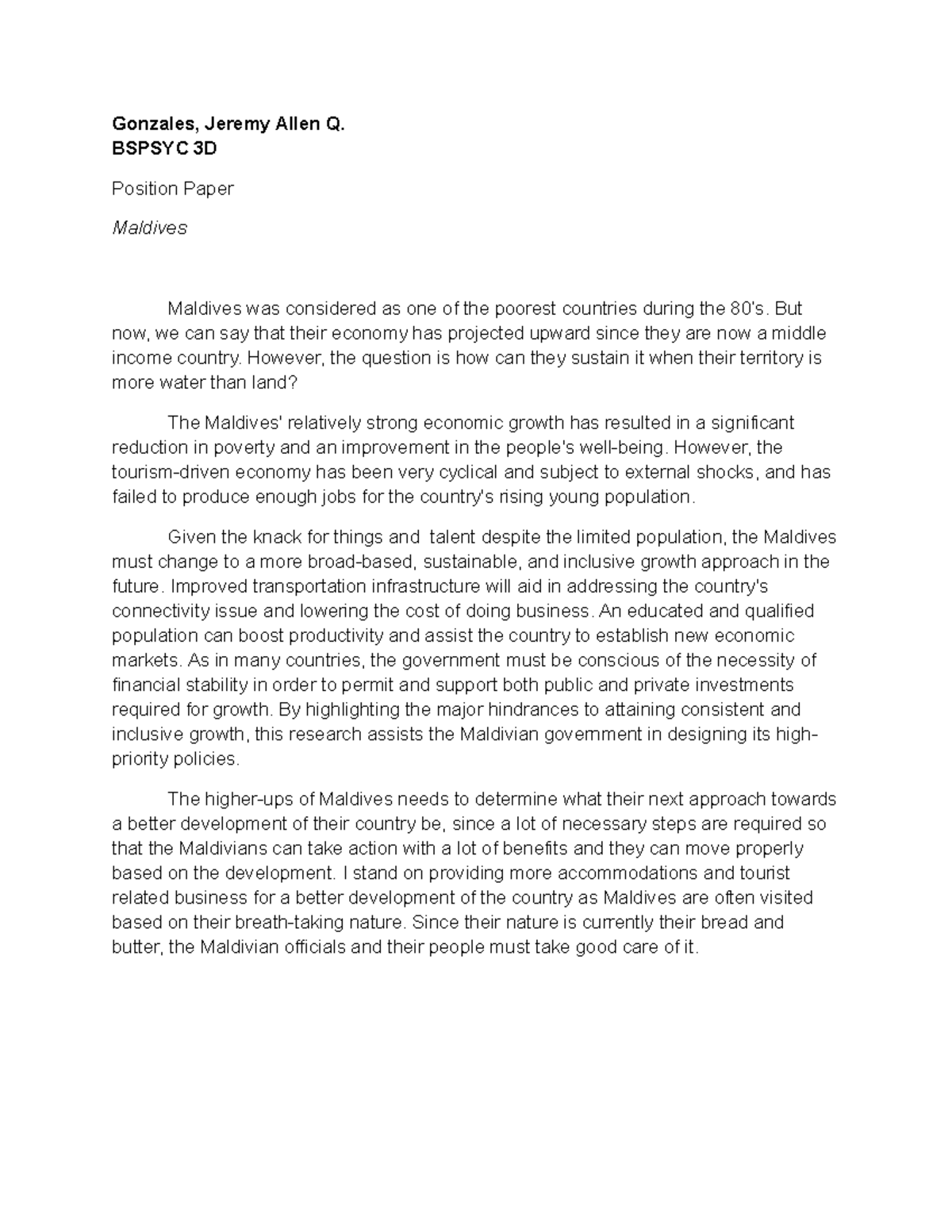 Gonzales Jeremyallen PSYC3D Positionpaper - Gonzales, Jeremy Allen Q ...