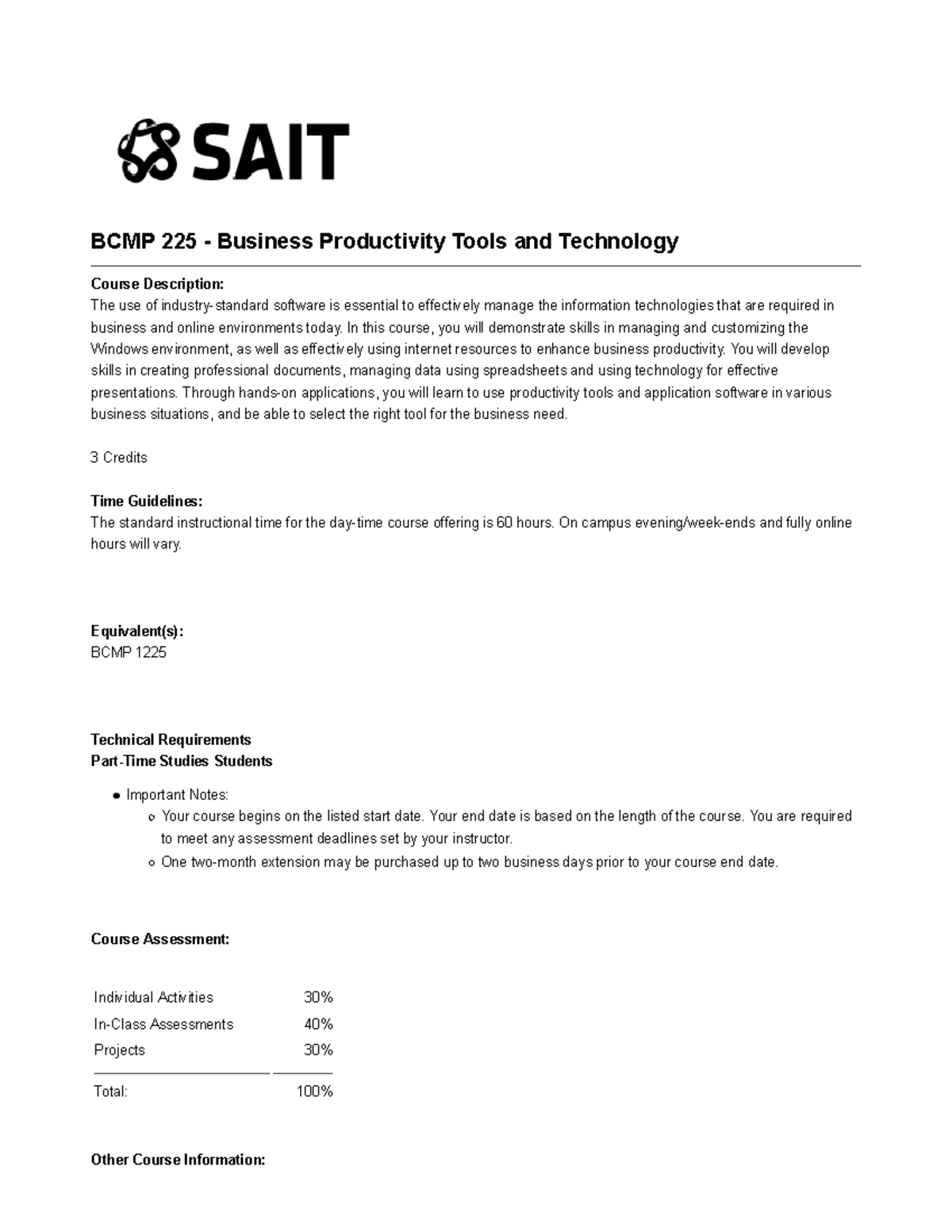 Course Outline BCMP 225 202120 - BCMP 225 - Business Productivity Tools ...