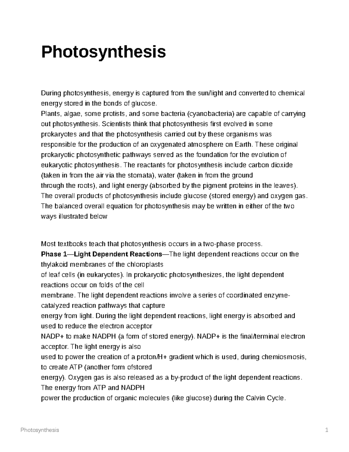 Photosynthesis - In class notes - Photosynthesis 1 Photosynthesis ...