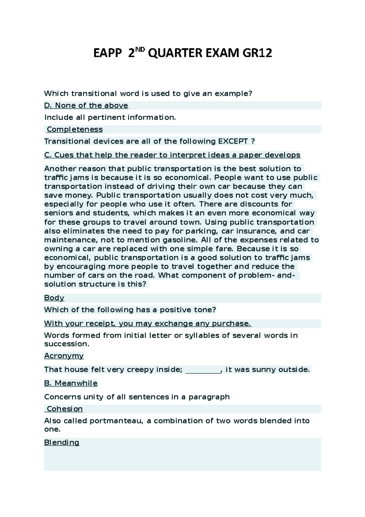 EAPP 2ND Quarter EXAM GR12 - EAPP 2 ND QUARTER EXAM GR Which ...