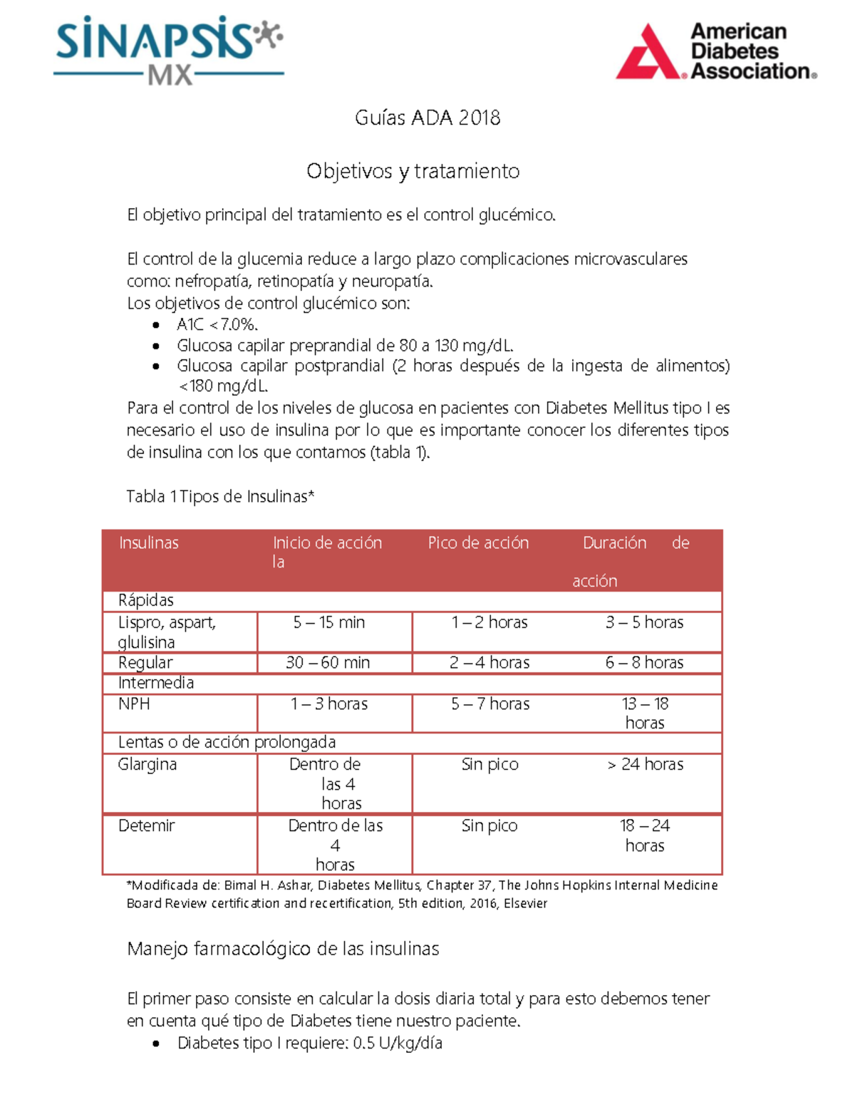 ADA Español Resumen - Guías ADA 20 18 Objetivos y tratamiento El ...