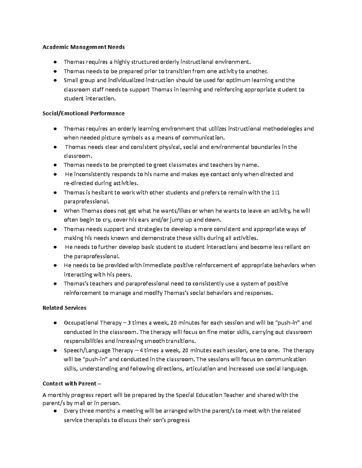 Summary of an IEP Evaluation Thomas Smith 2 - Academic Management Needs ...