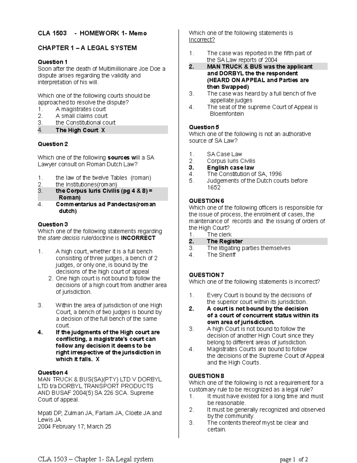 CLA1503-Contract of Leases Answers - CLA 1503 - HOMEWORK 1- Memo ...