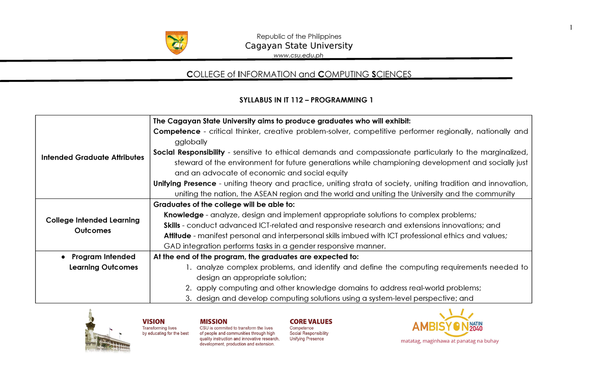 Programming 1 Calibrated syllabus in IT 112 - Republic of the ...