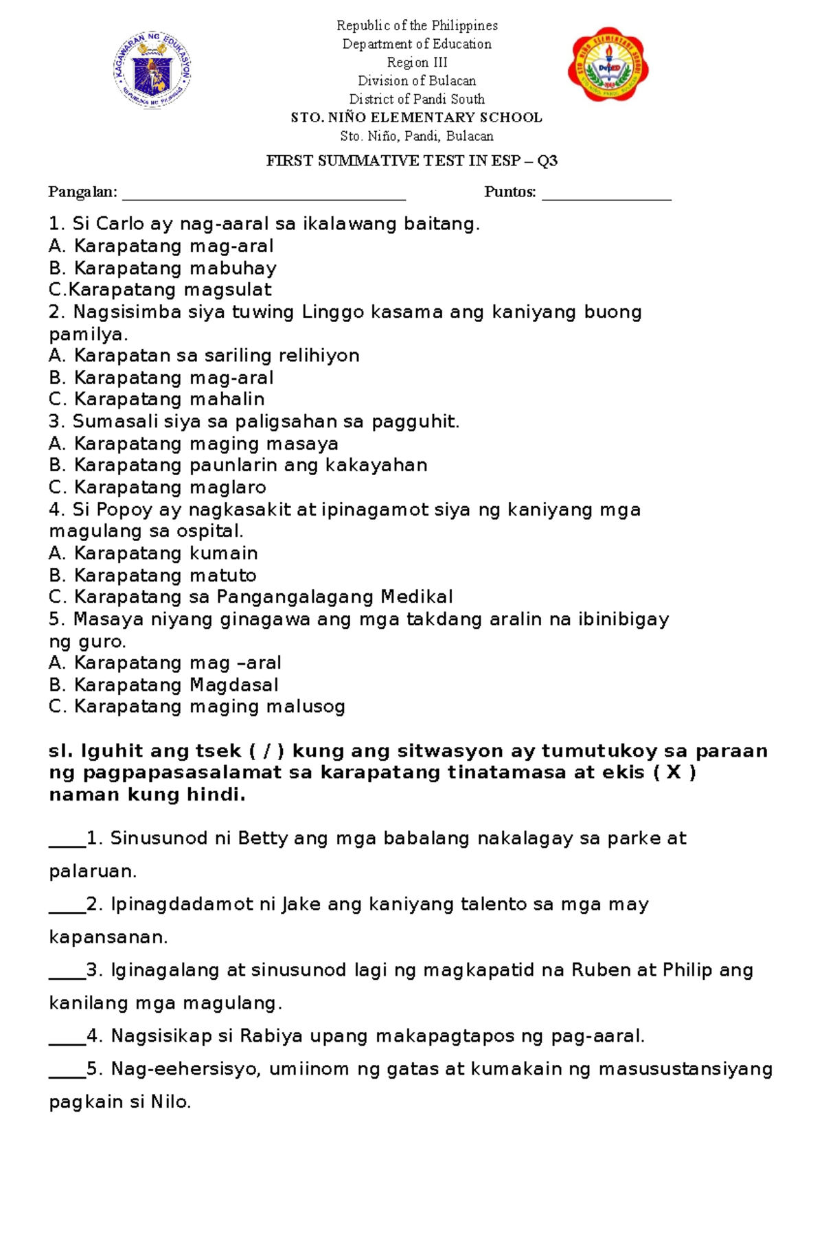 ESP2 ST1 Q3 - ESP TEST - FIRST SUMMATIVE TEST IN ESP – Q Pangalan ...
