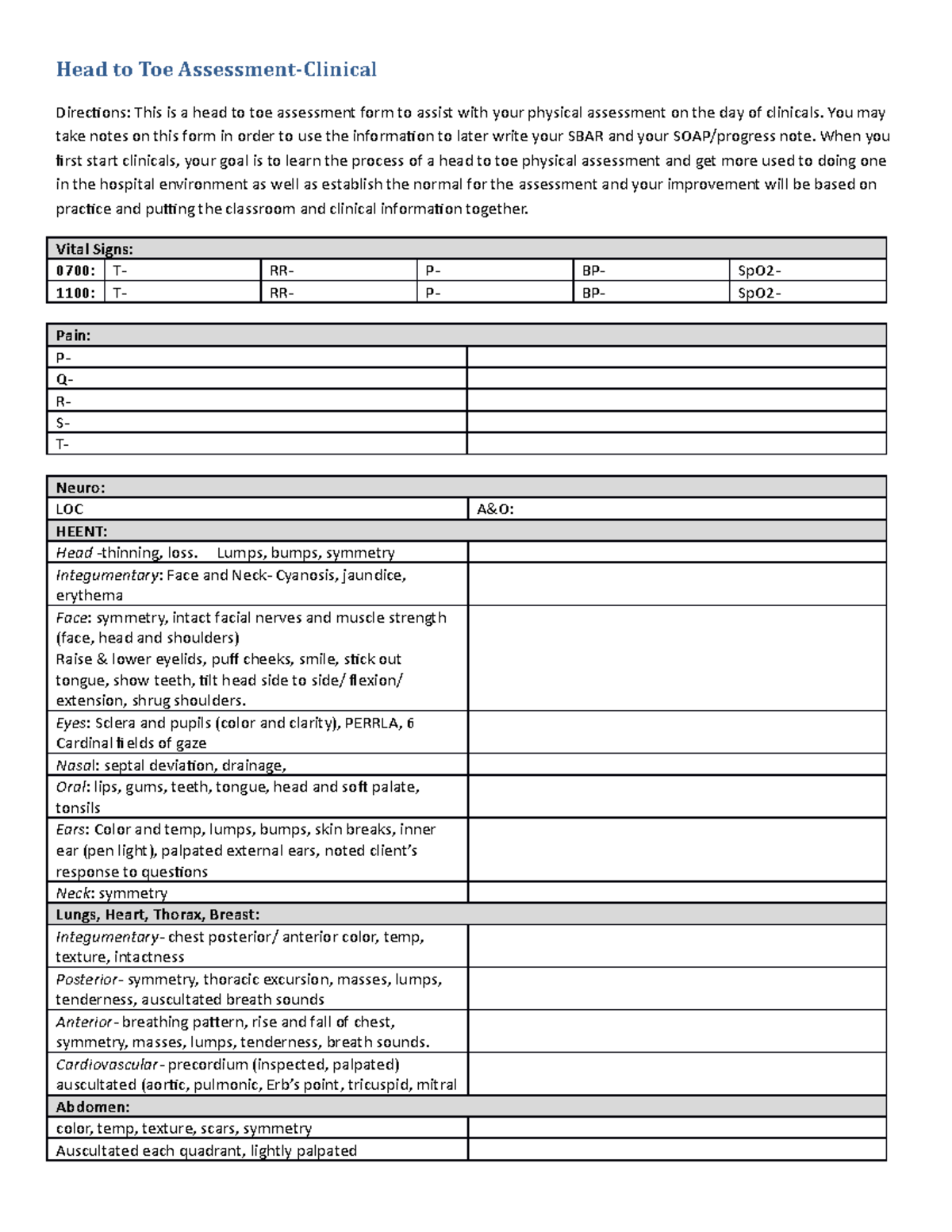 Clinical Documentation Packet - Head to Toe Assessment-Clinical ...