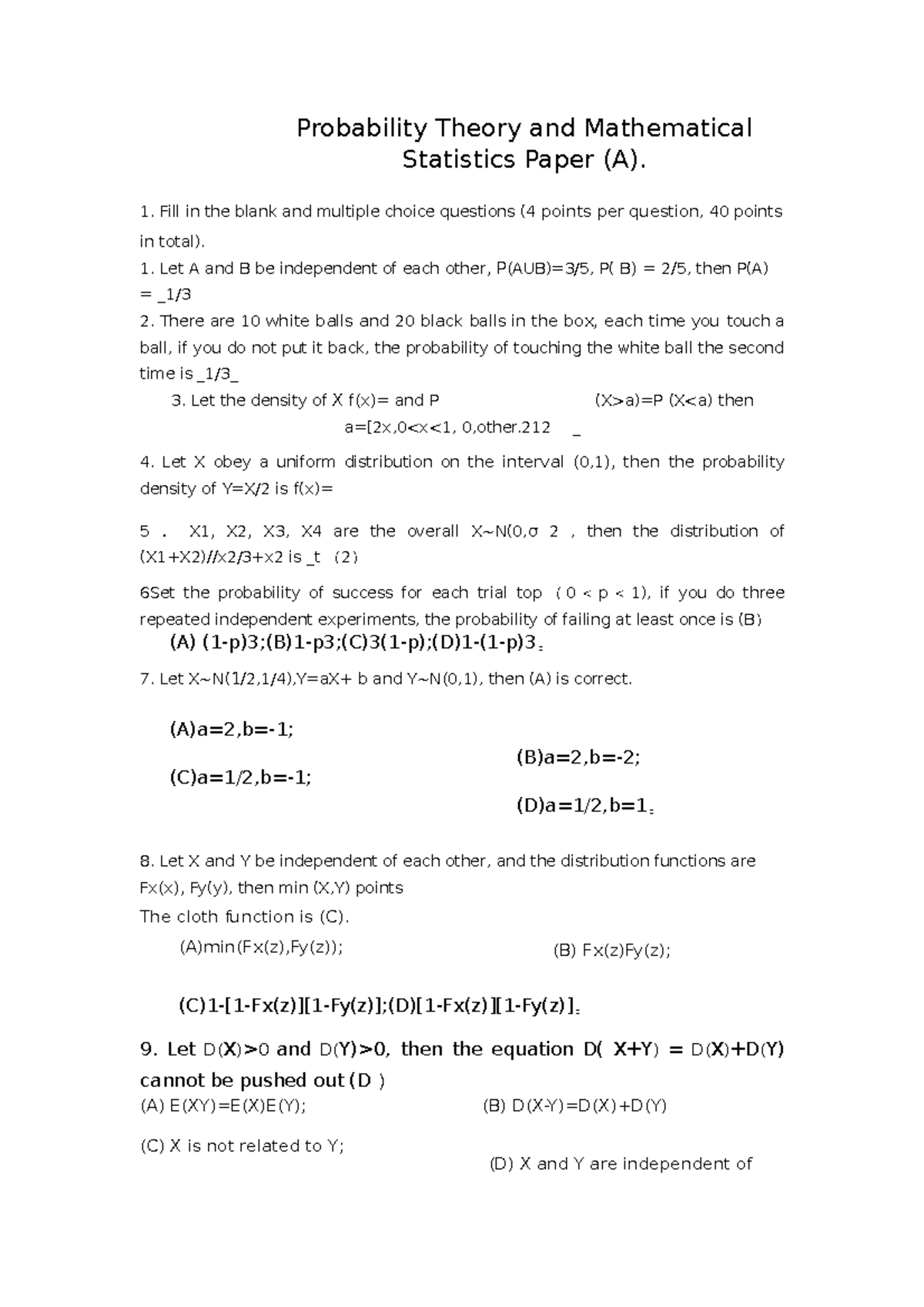 Probability Theory and Mathematical Statistics Paper (A) - 1. Fill in the blank and multiple ...