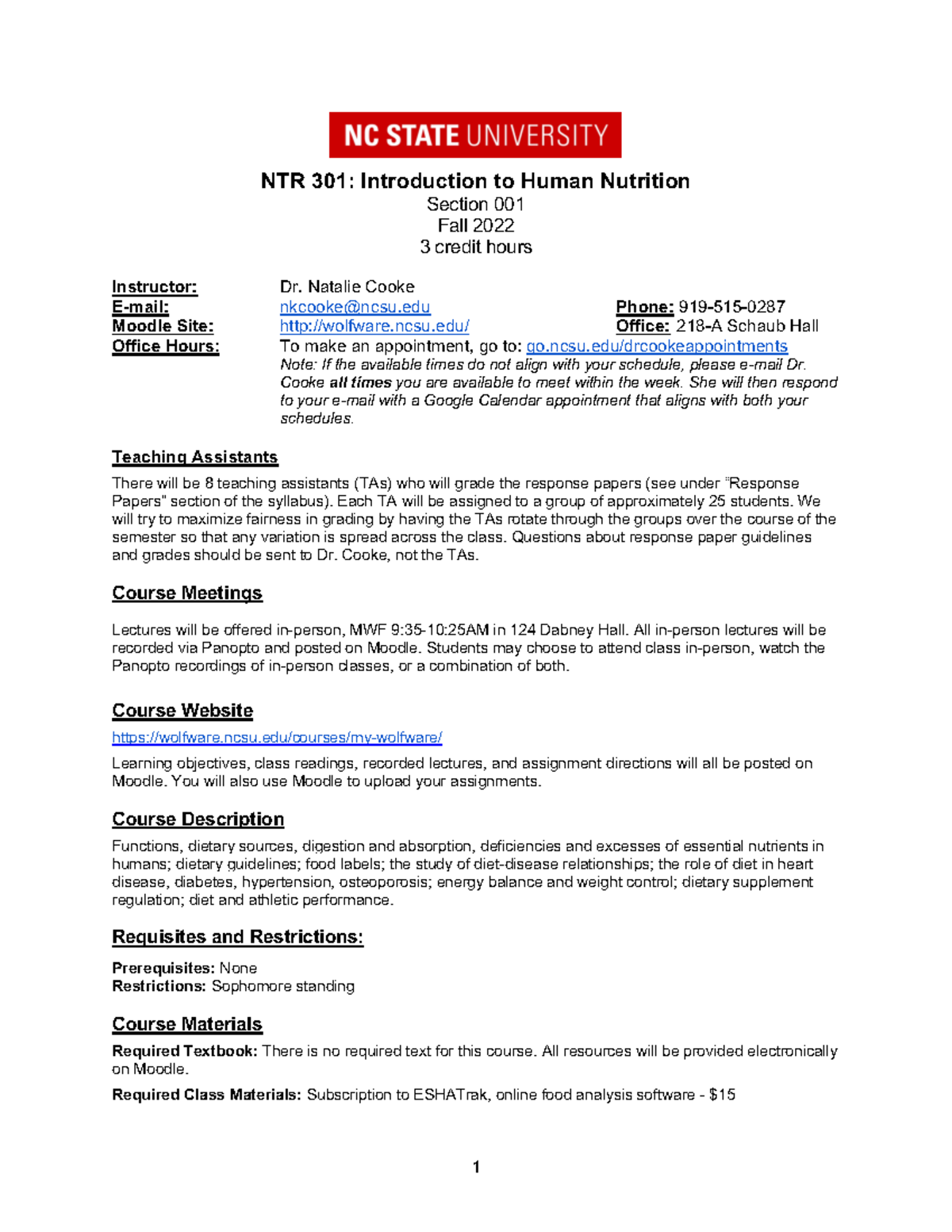 NTR 301 Syllabus Fall 2022 - NTR 301: Introduction to Human Nutrition ...