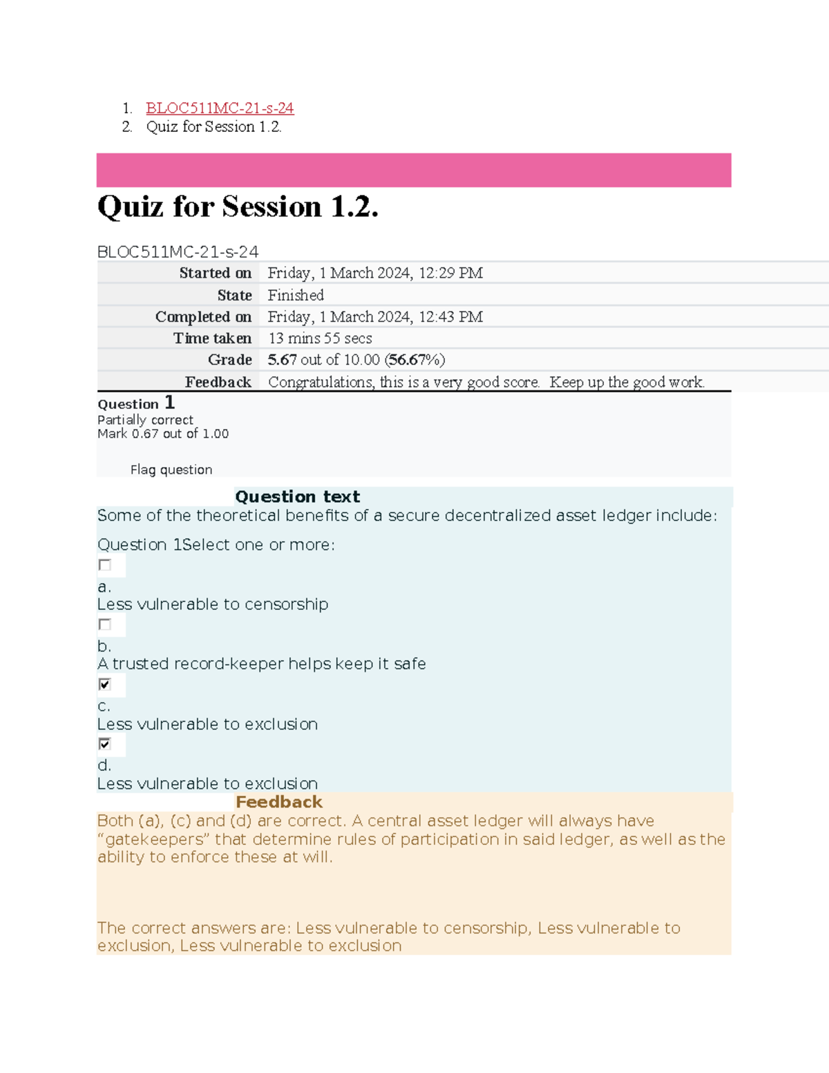 SELF QUIZ 1 - Practice - 1. BLOC511MC-21-s- 2. Quiz for Session 1. Quiz ...
