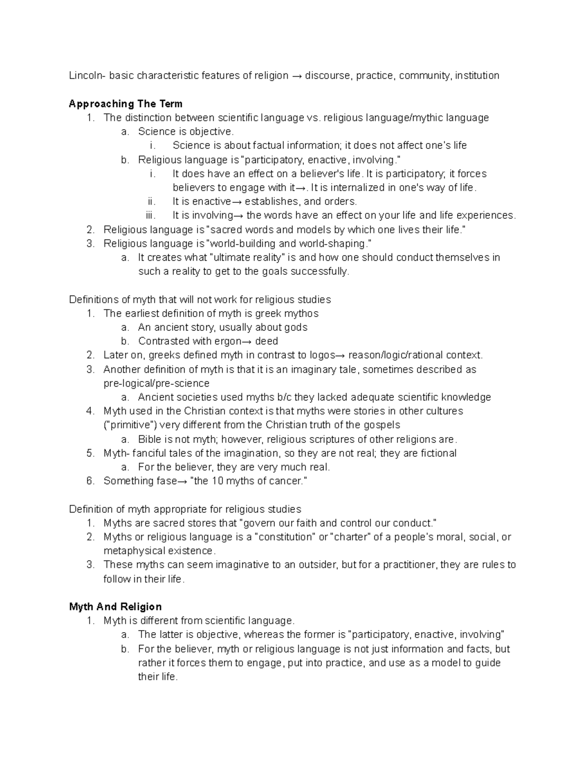 Myth Readings - Lincoln- basic characteristic features of religion → ...