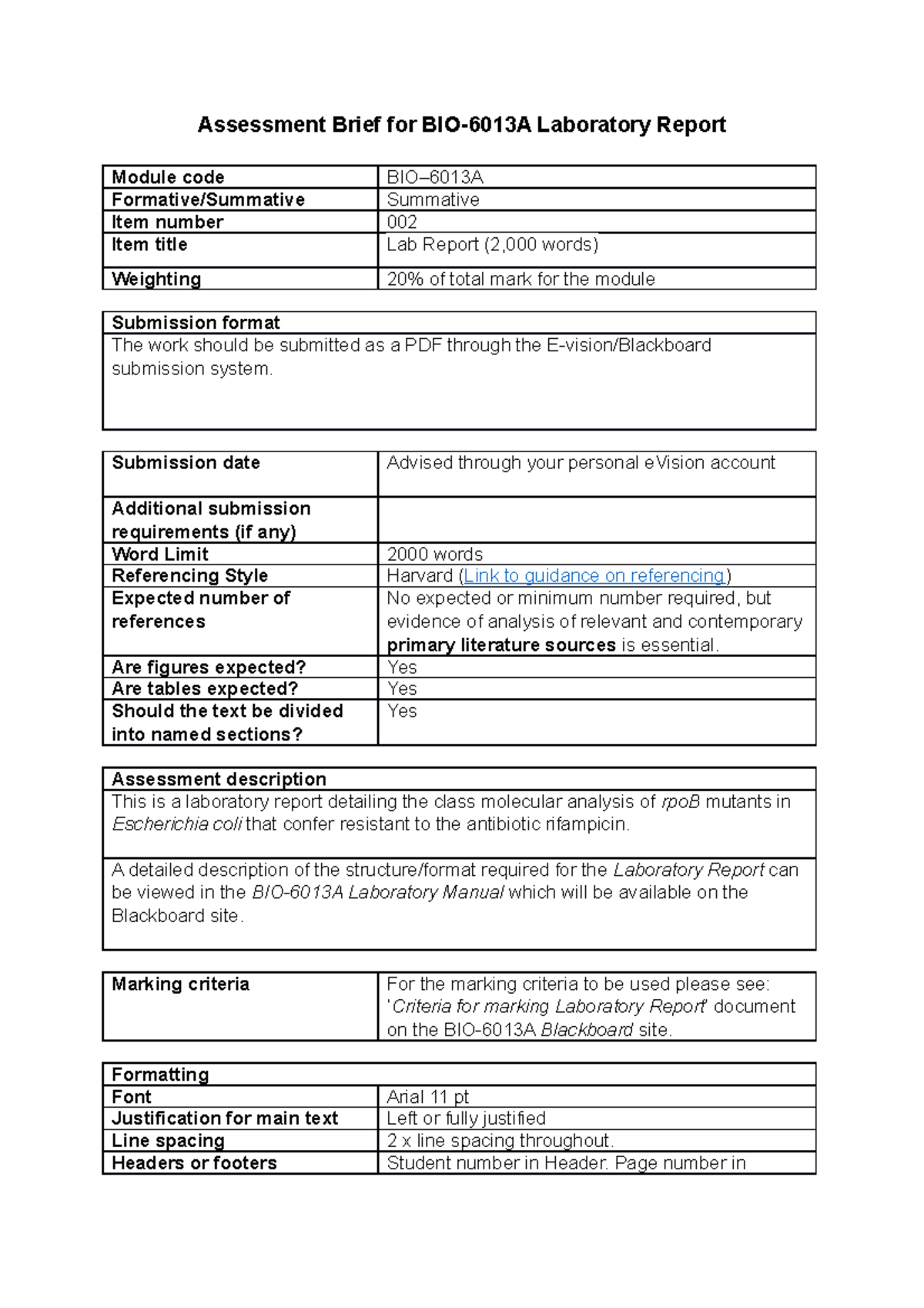Assessment brief BIO-6013A Laboratory Report 2019-20 - Assessment Brief ...