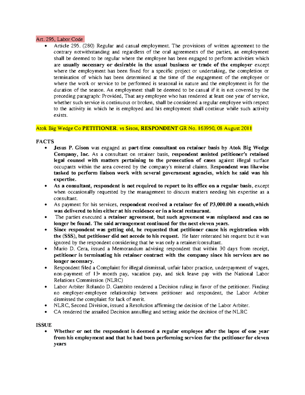 Employee Classification - Digest - Art. 295, Labor Code Article 295 ...