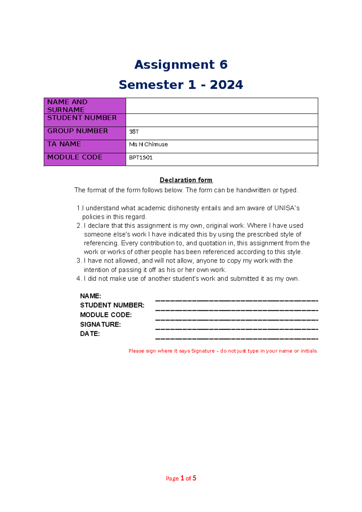 Assignment 6 Template - S1 - 2024 - Assignment 6 Semester 1 - 2024 NAME AND SURNAME STUDENT ...