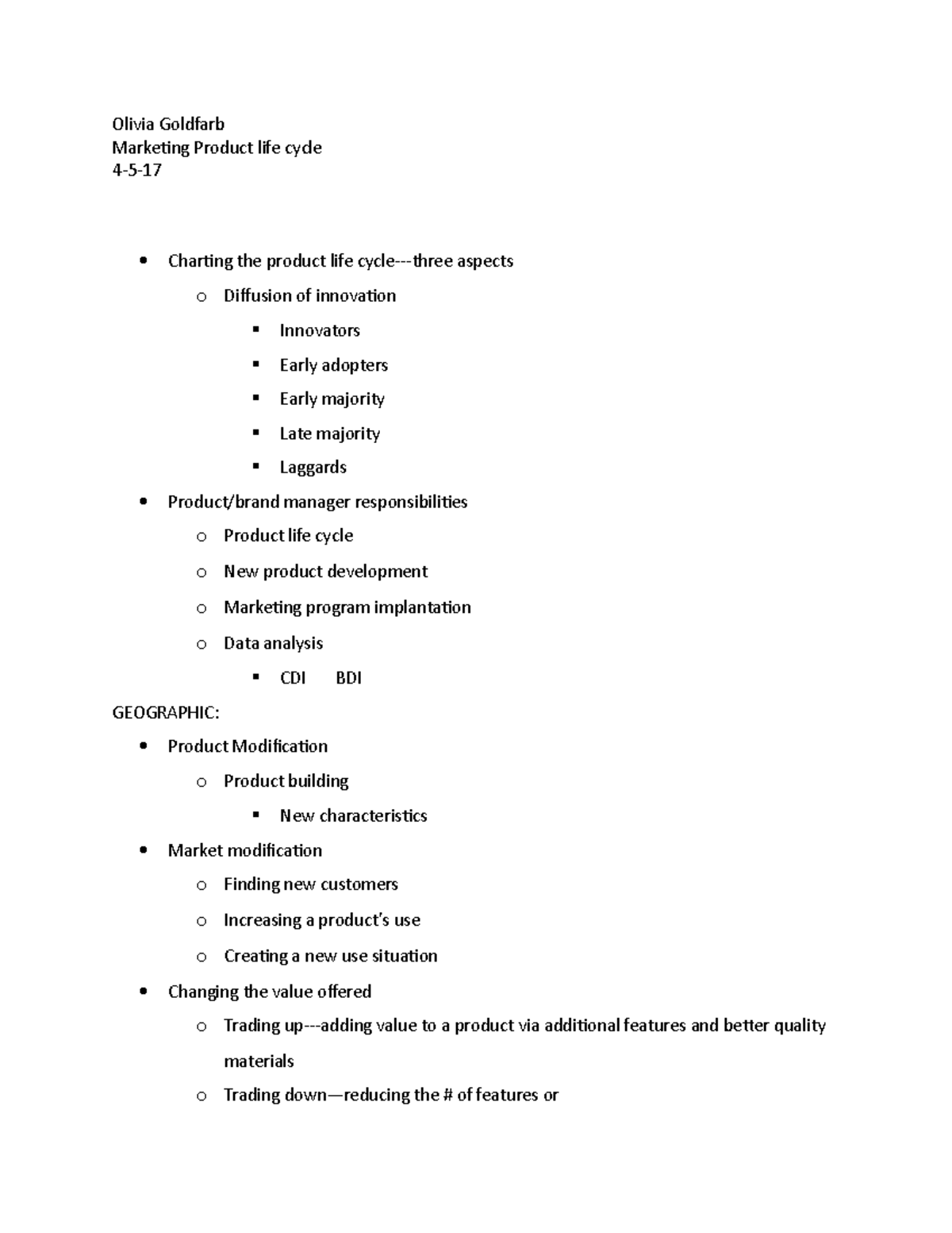 Marketing Product life cycle 4-5-17 - Olivia Goldfarb Marketing Product ...