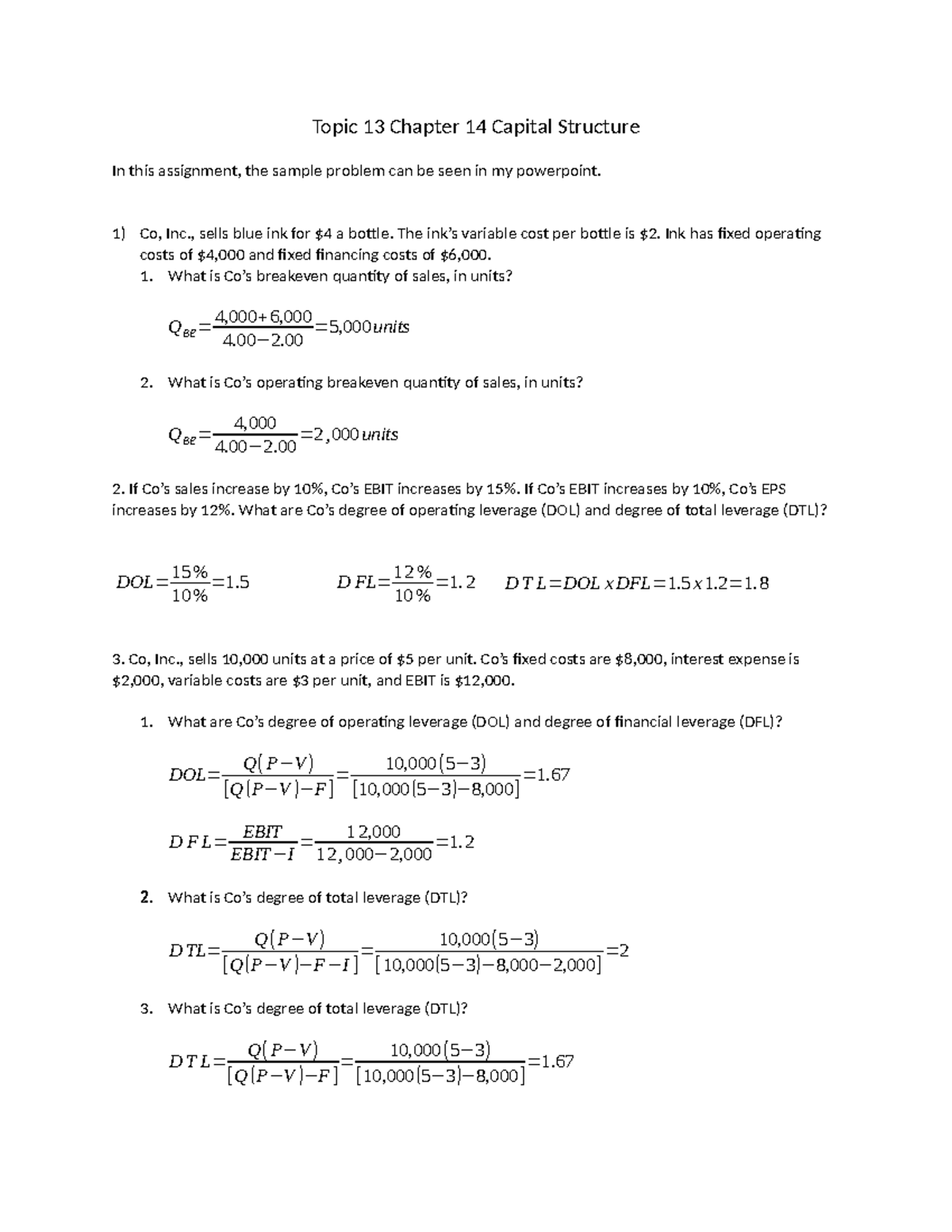 Assignment Topic 13 Chapter 14 Capital Structure Leverage - Topic 13 Chapter 14 Capital ...