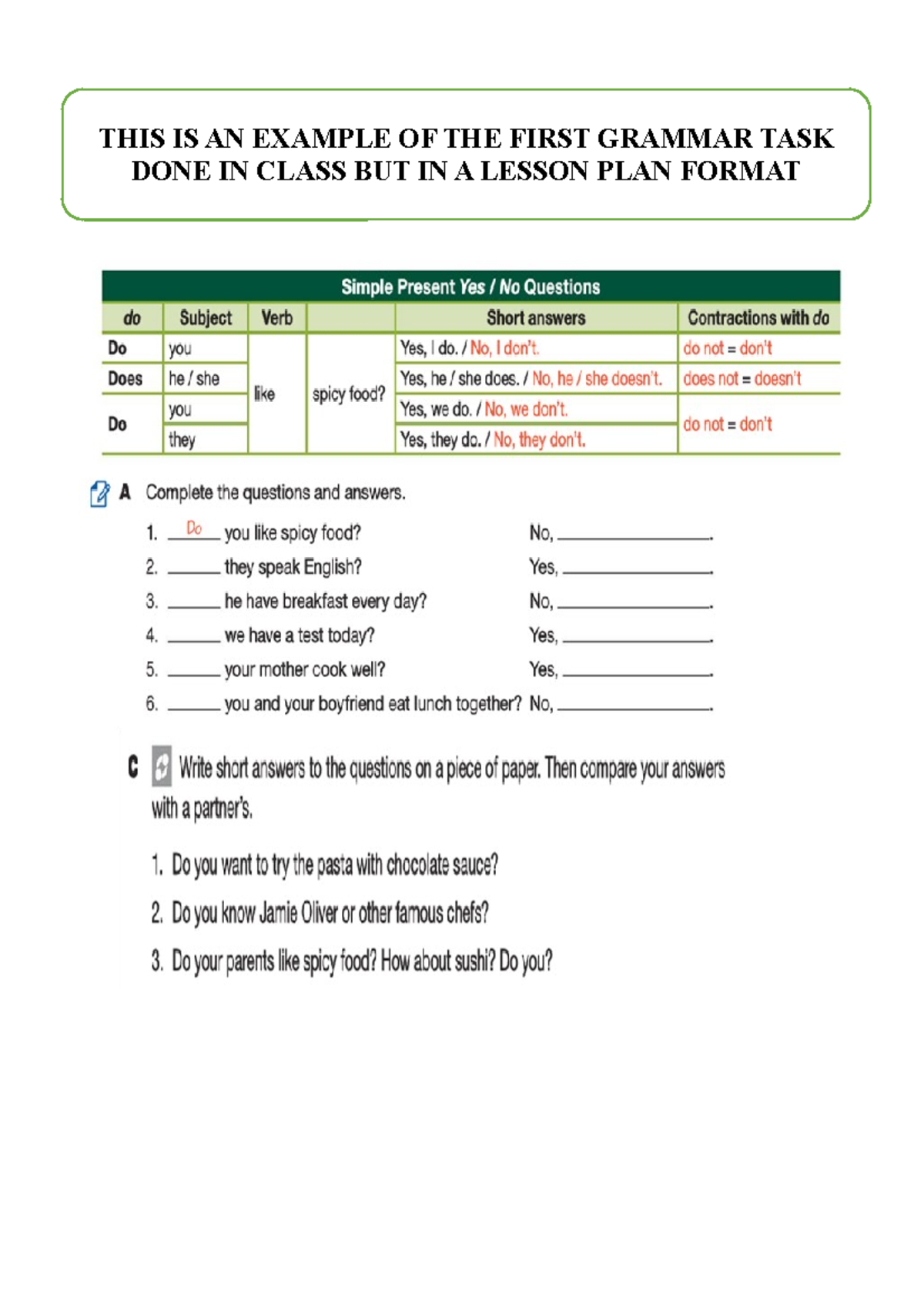 Lesson Plan - THIS IS AN EXAMPLE OF THE FIRST GRAMMAR TASK DONE IN ...