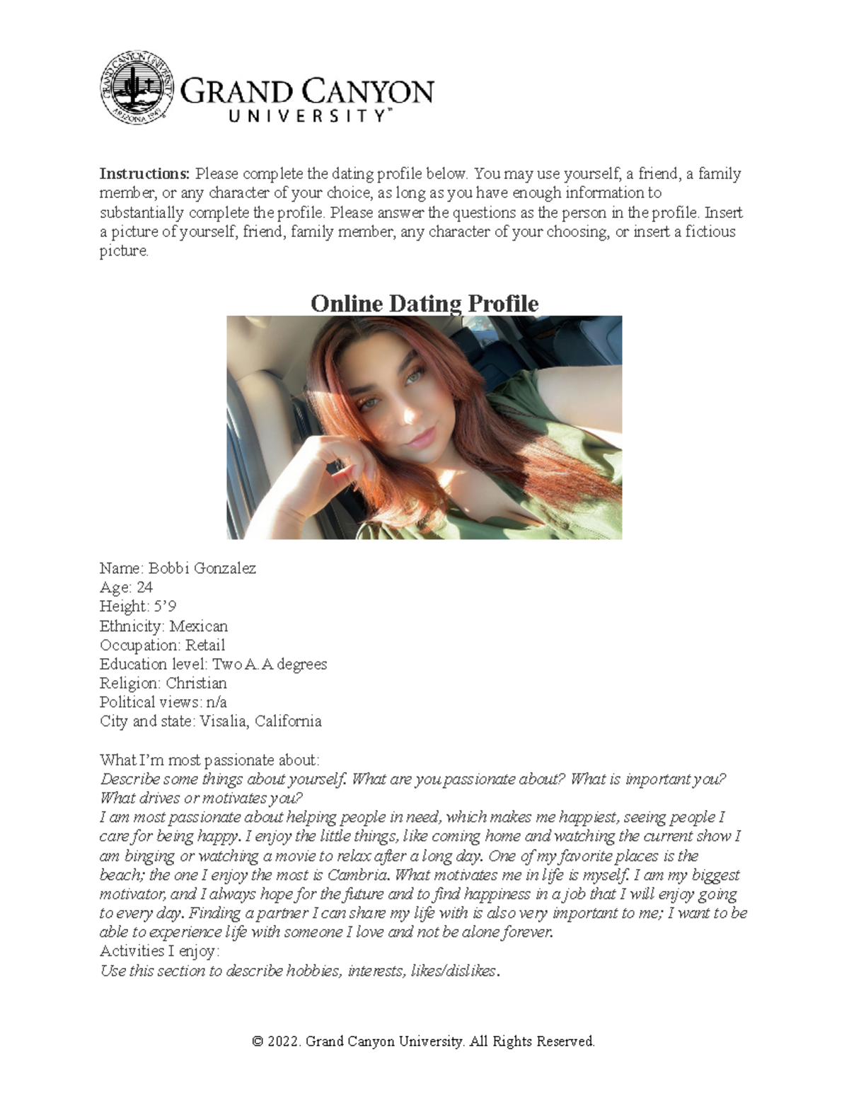 PSY362 RS T5 Online Dating Profile - Instructions: Please complete the ...