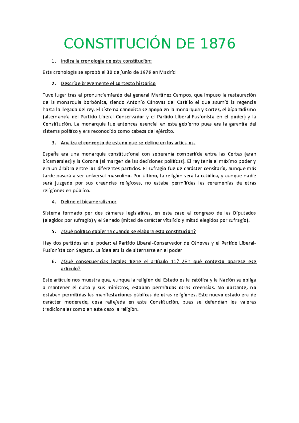 Constitución DE 1876 - CONSTITUCIÓN DE 1876 Indica la cronología de ...