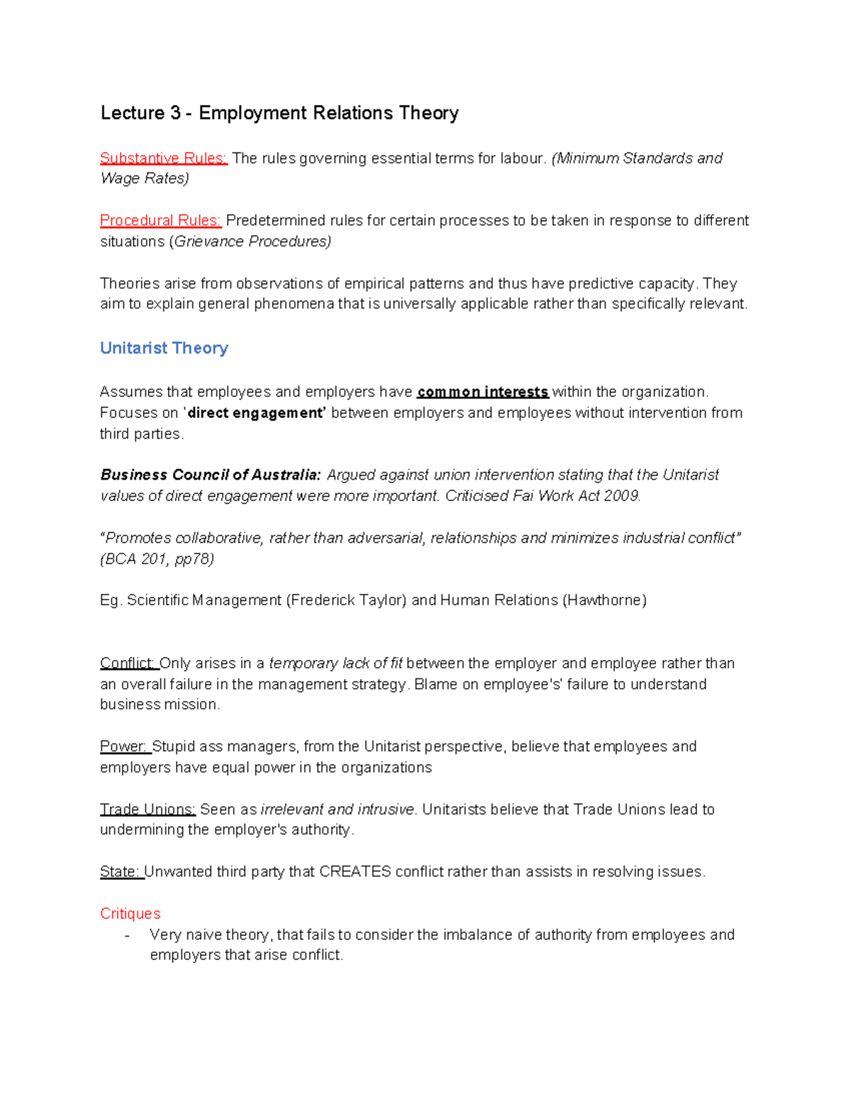 Basics of Work and Employment - Lecture 3 - Employment Relations Theory ...