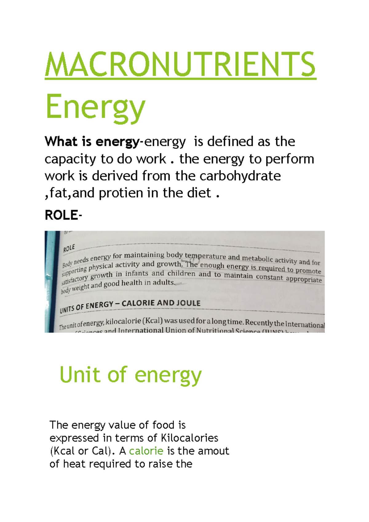 Macronutrients - unit 2 - MACRONUTRIENTS Energy ####### What is energy ...