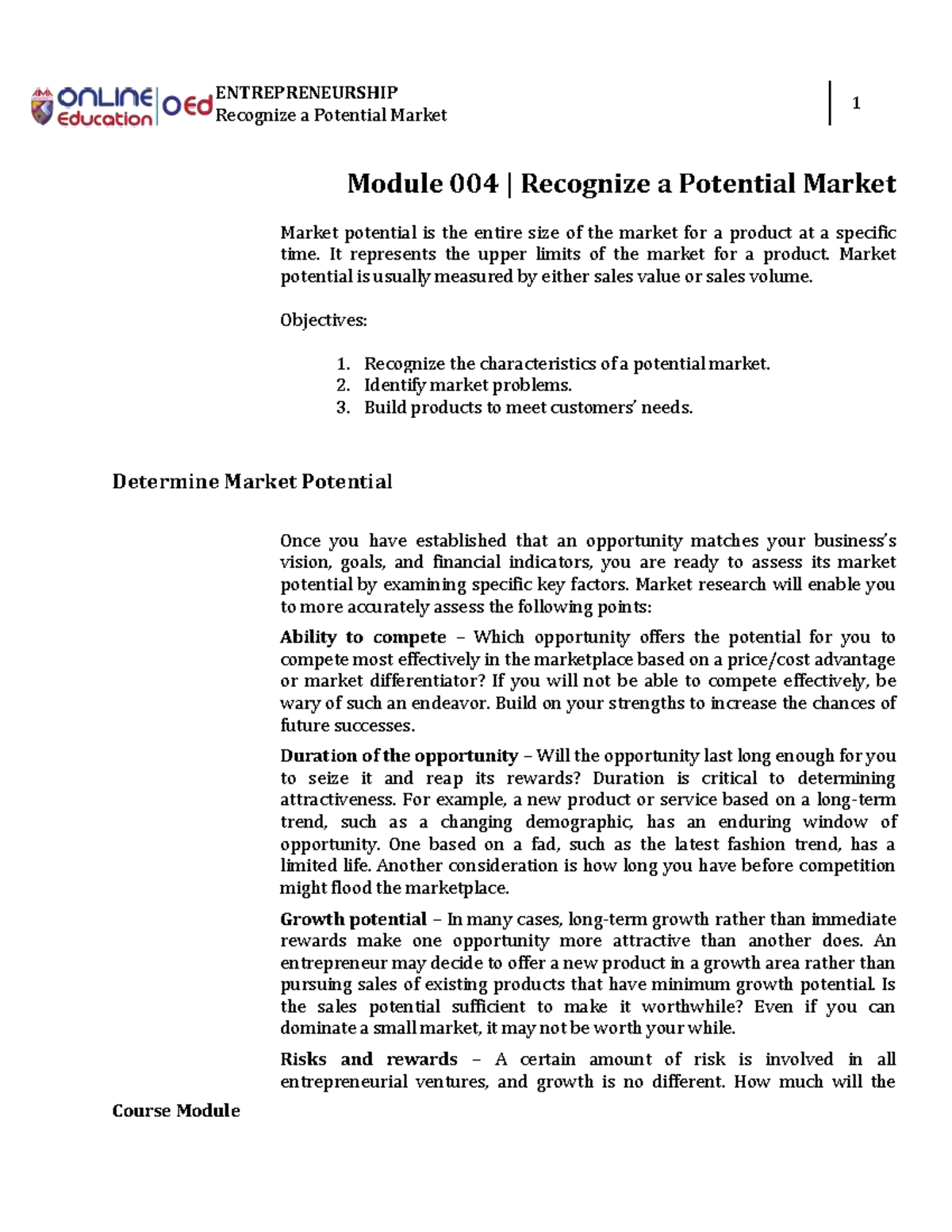 Week 004-Module Development of Business Plan - Recognize a Potential Market 1 Module 004 ...