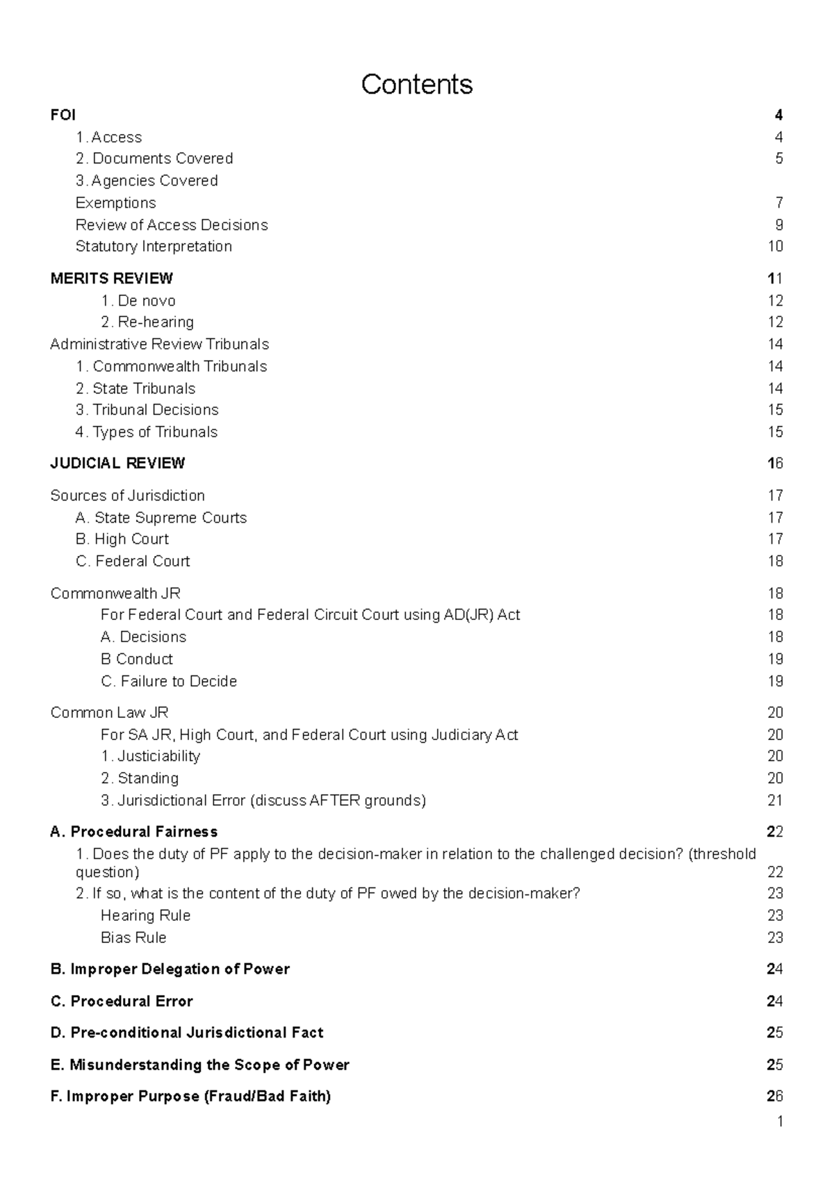 Admin law note - Used during my exam - Contents FOI Access Documents ...