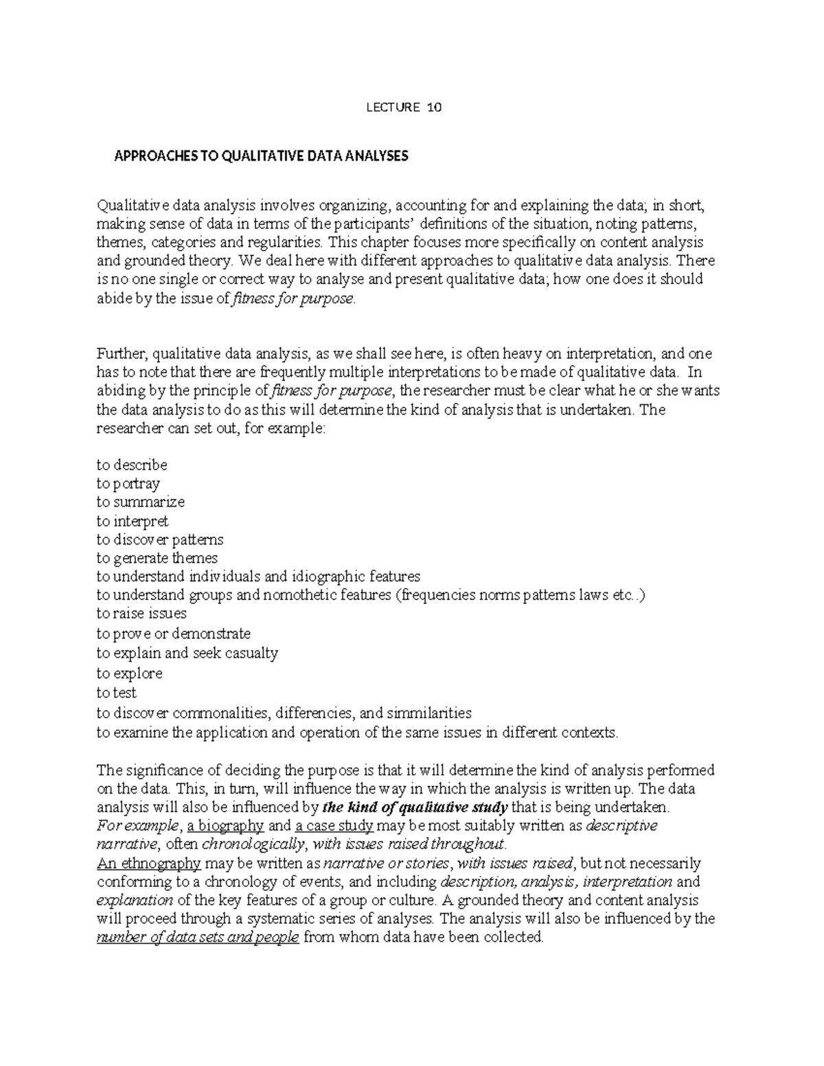 10- Lecture 10 - LECTURE 10 APPROACHES TO QUALITATIVE DATA ANALYSES Qualitative data analysis ...