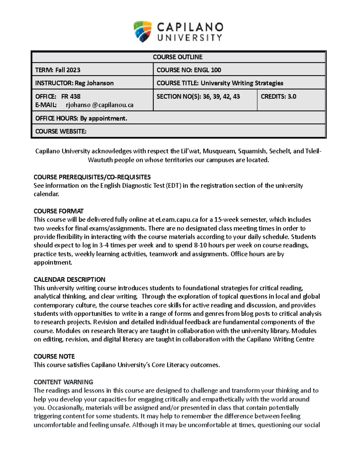 100 syllabus fall 23 - business course outline - COURSE OUTLINE TERM ...