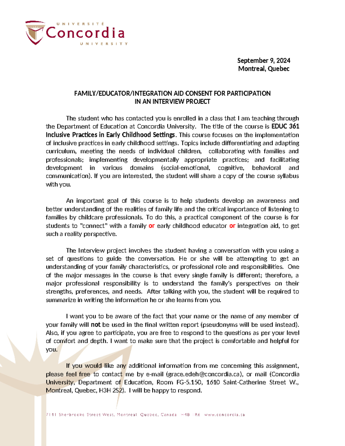 EDUC 361 Consent Form - September 9, 2024 Montreal, Quebec FAMILY ...