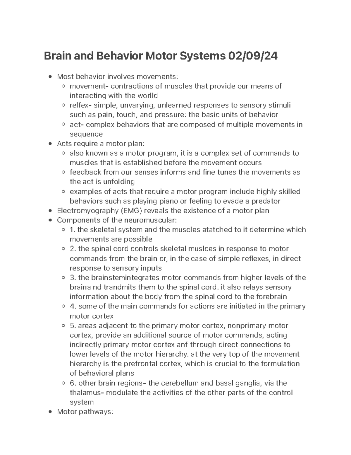 Brain and Behavior-Motor Systems - Brain and Behavior Motor - Studocu