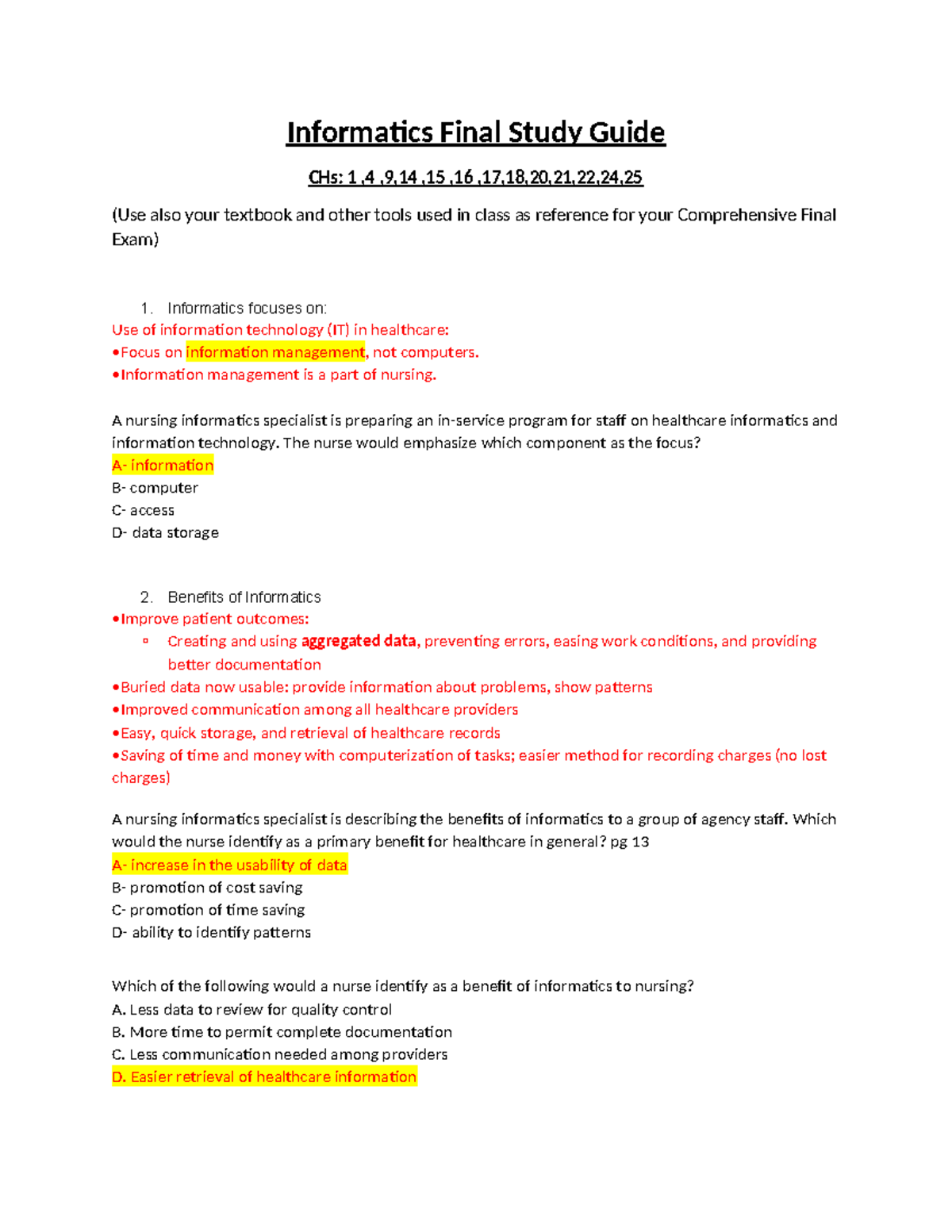 IT-Final Review - Informatics Final Study Guide CHs: 1 ,4 ,9,14 ,15 ,16 ...