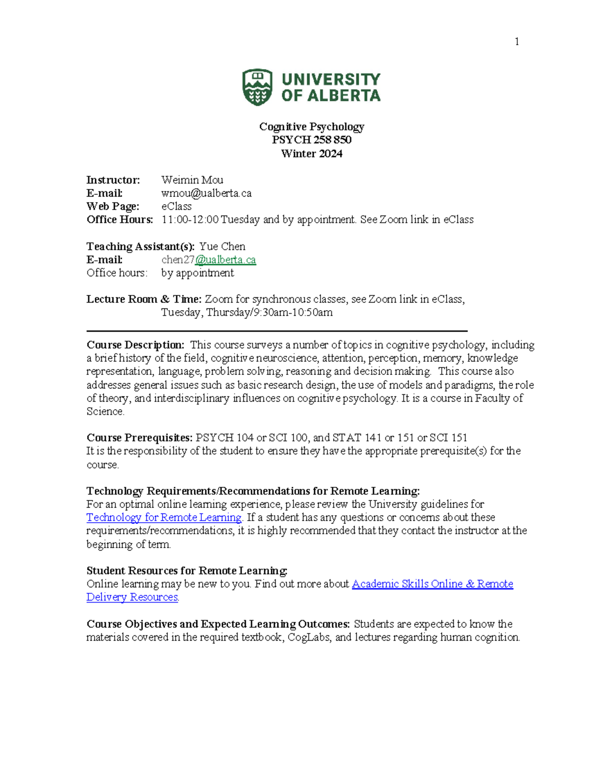 Psychology syllabus 258 2024 winter - Cognitive Psychology PSYCH 258 ...