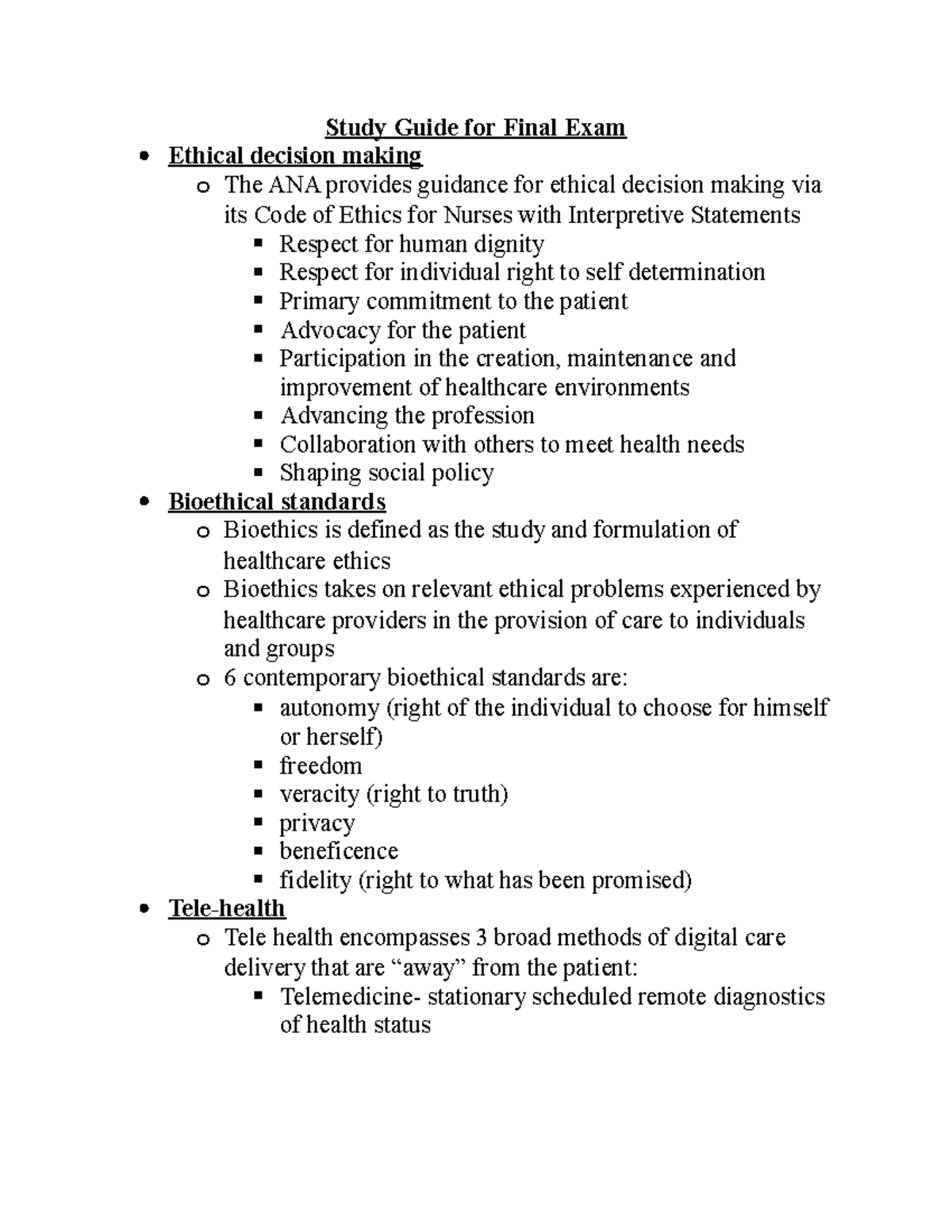 Study Guide for Final Exam: Ethical Decision Making Bioethical ...